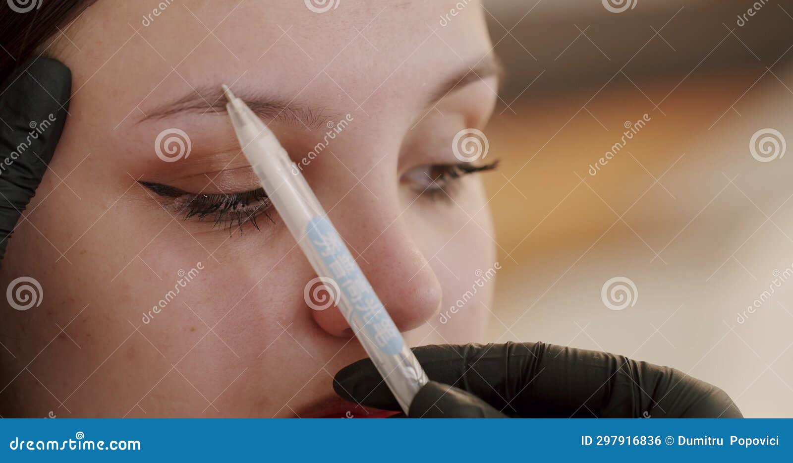 Cosmetologist Marking Correct Shape of Eyebrows Using White Pencil ...