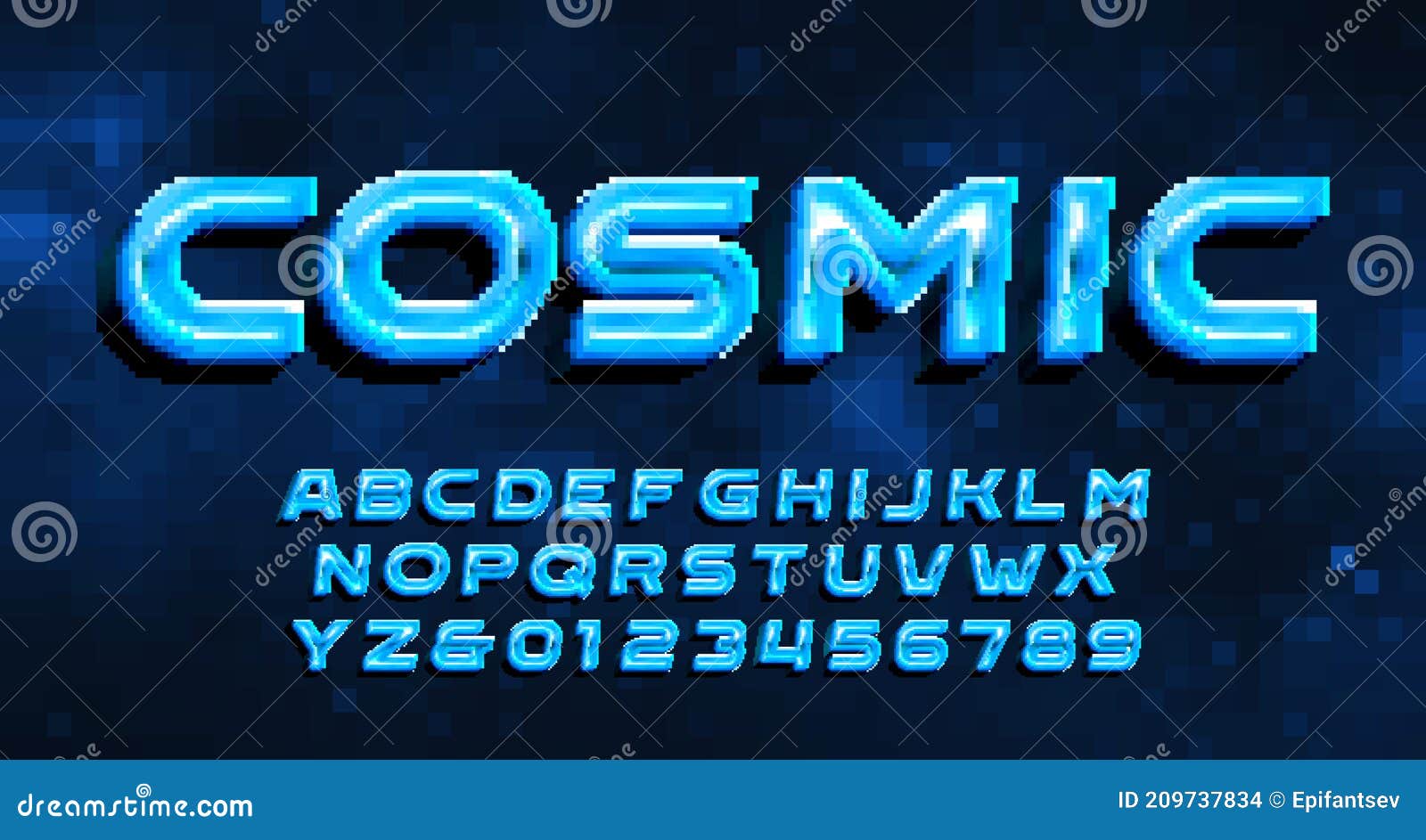 Cosmic Alphabet Font. Digital 3D Letters and Numbers. Pixel Background ...
