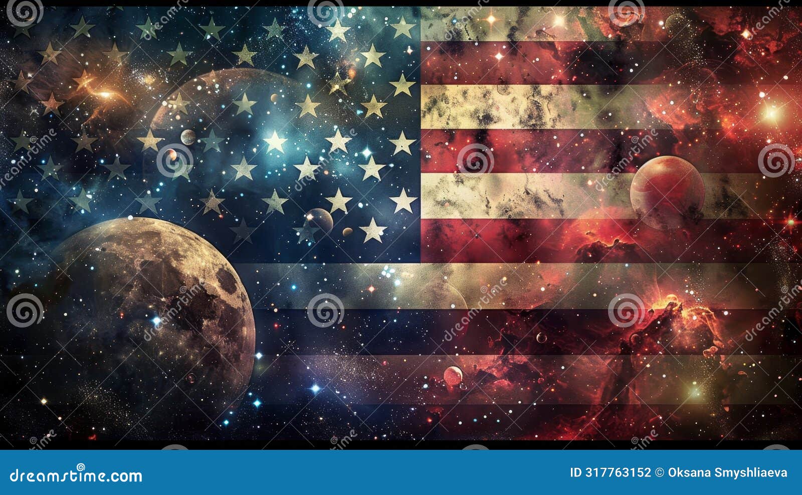 Cosmic American Flag with Celestial Elements and Planets Stock Photo ...