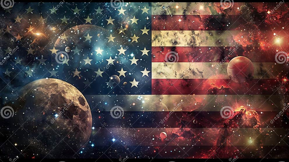 Cosmic American Flag with Celestial Elements and Planets Stock Photo ...