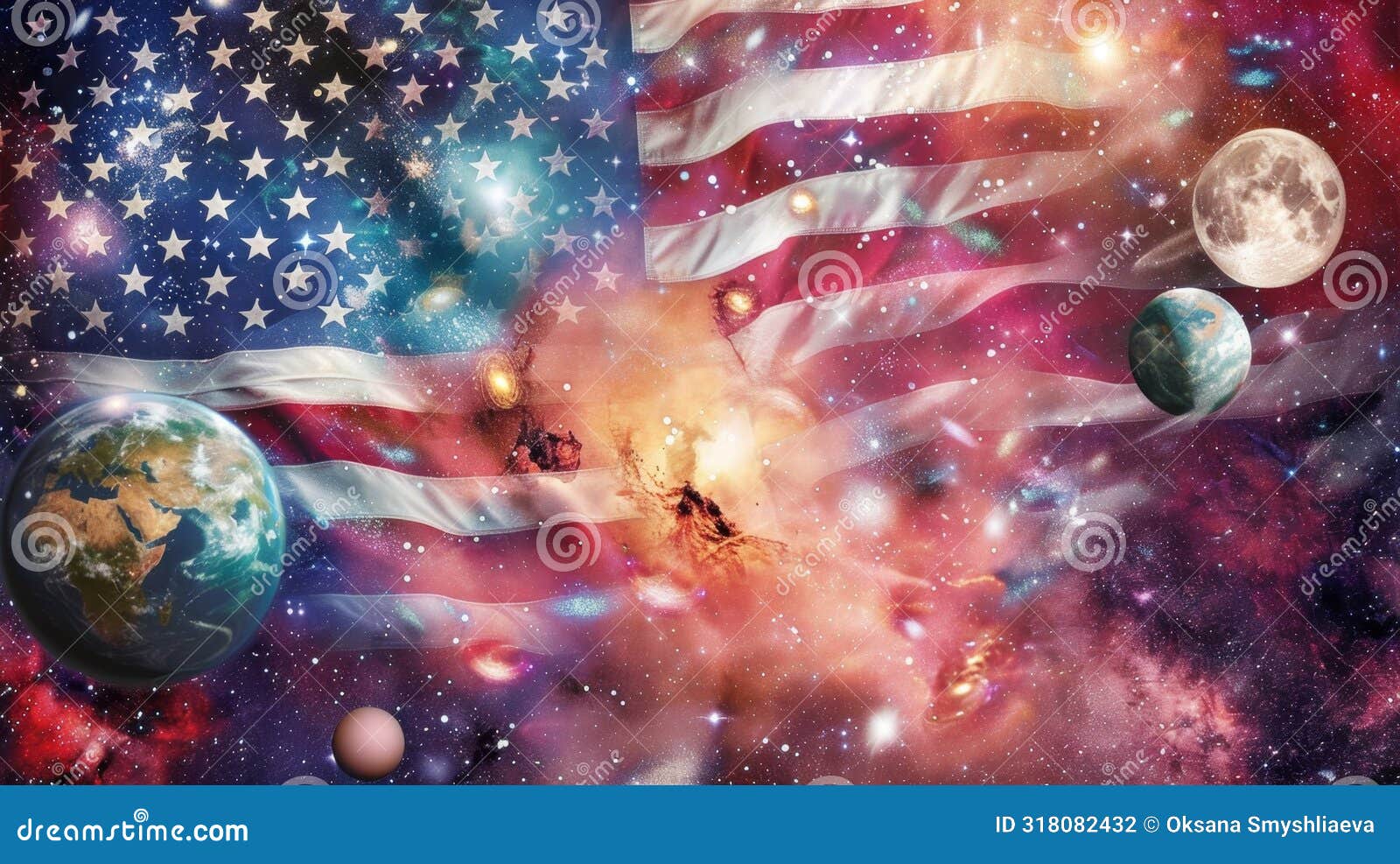 Cosmic American Flag with Planets and Nebulae in Space Stock Photo ...