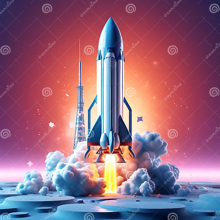 Cosmic Ascent: 3D Render of a Rocket Launch in a Blue Background â ...