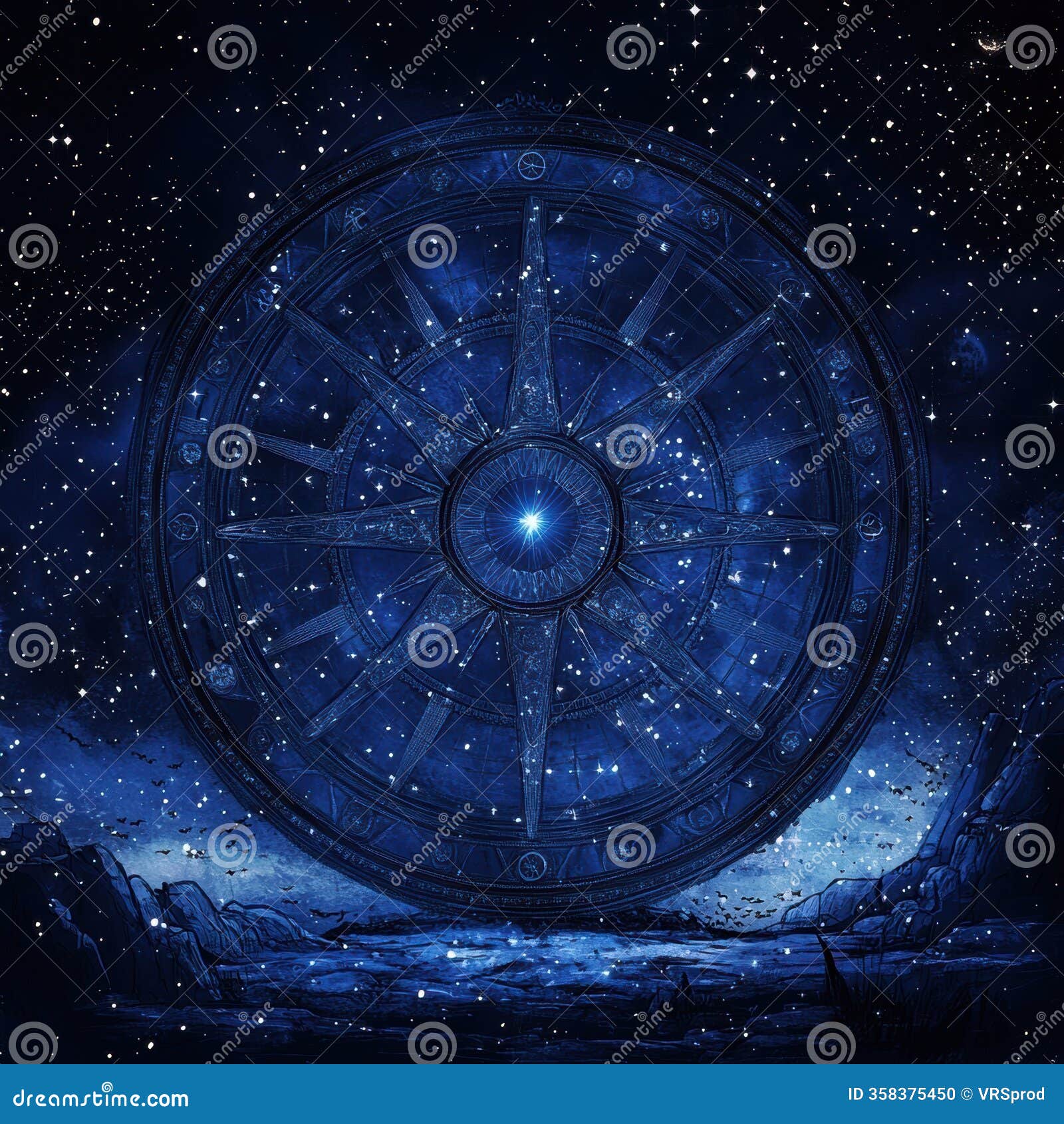 Cosmic Blue Celestial Compass in a Starry Night Sky Stock Photo - Image ...