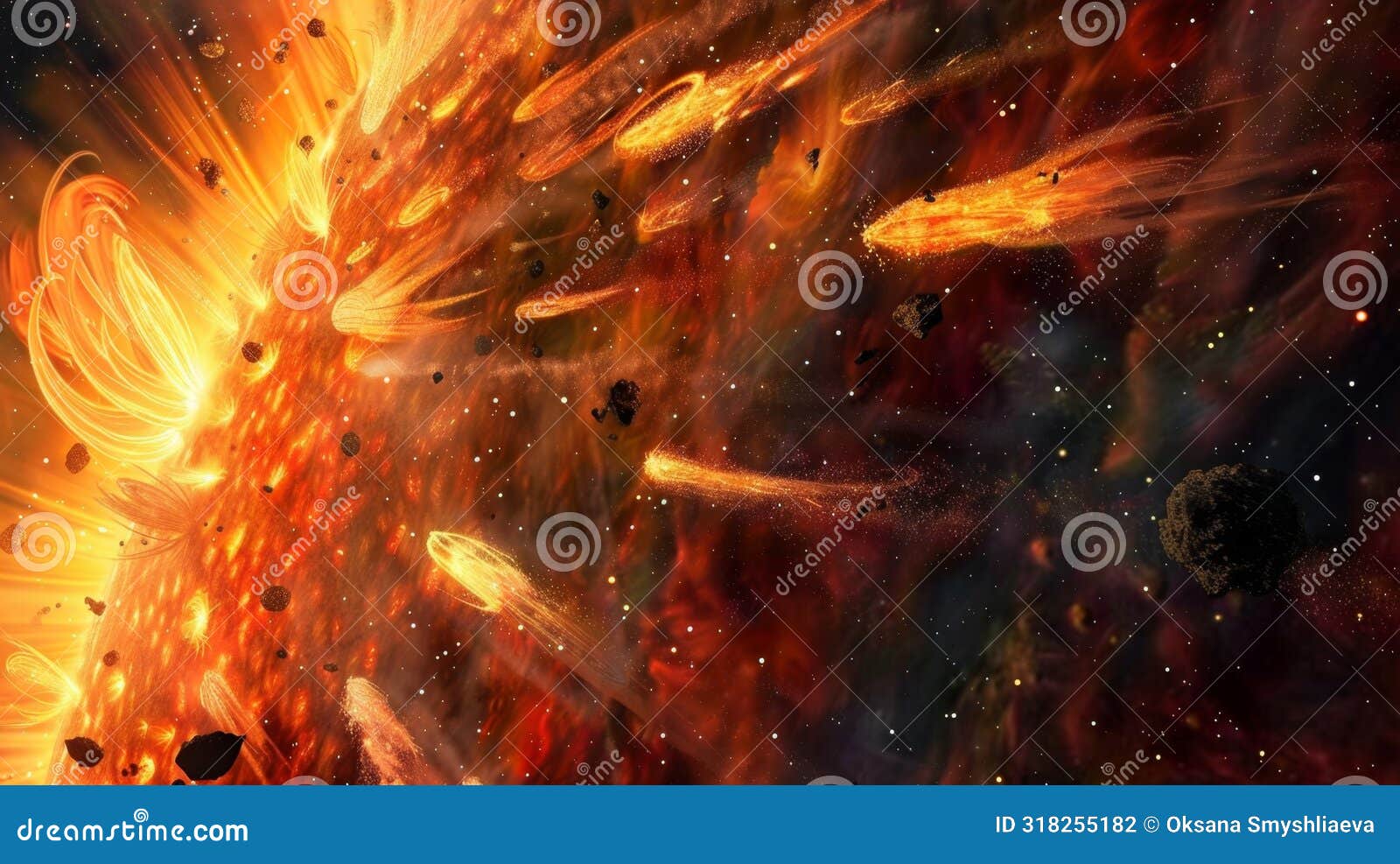 Cosmic Cataclysm: Fiery Asteroid Shower in Deep Space Stock Photo ...