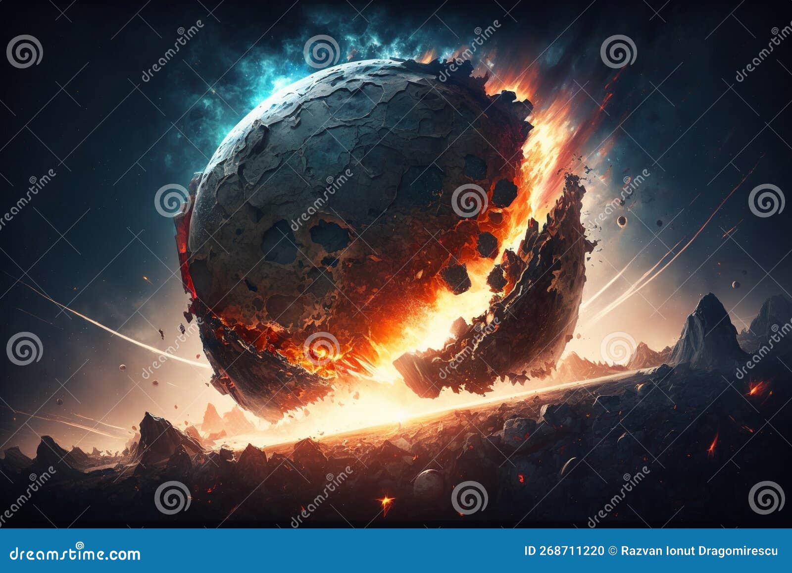 The Cosmic Cataclysm. Giant Asteroid Colliding With A Planet Or Earth ...