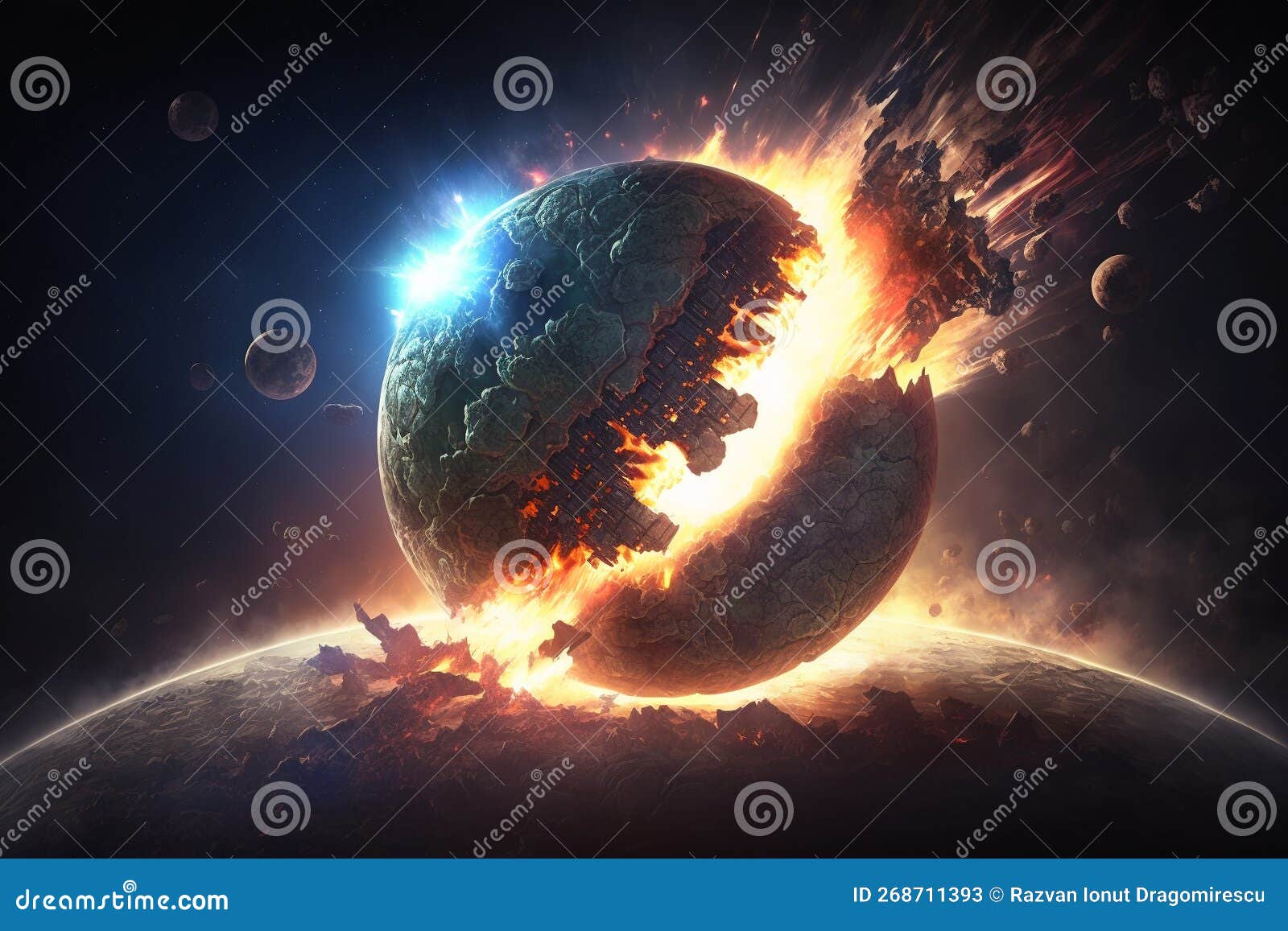 The Cosmic Cataclysm. Giant Asteroid Colliding With A Planet Or Earth ...