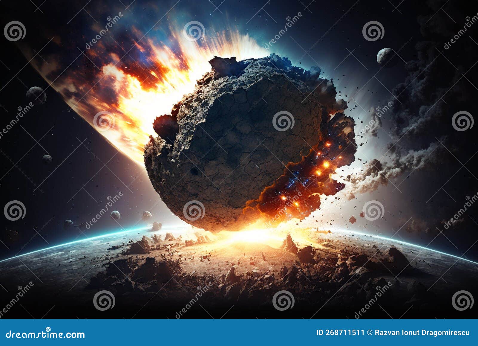 The Cosmic Cataclysm. Giant Asteroid Colliding With A Planet Or Earth ...
