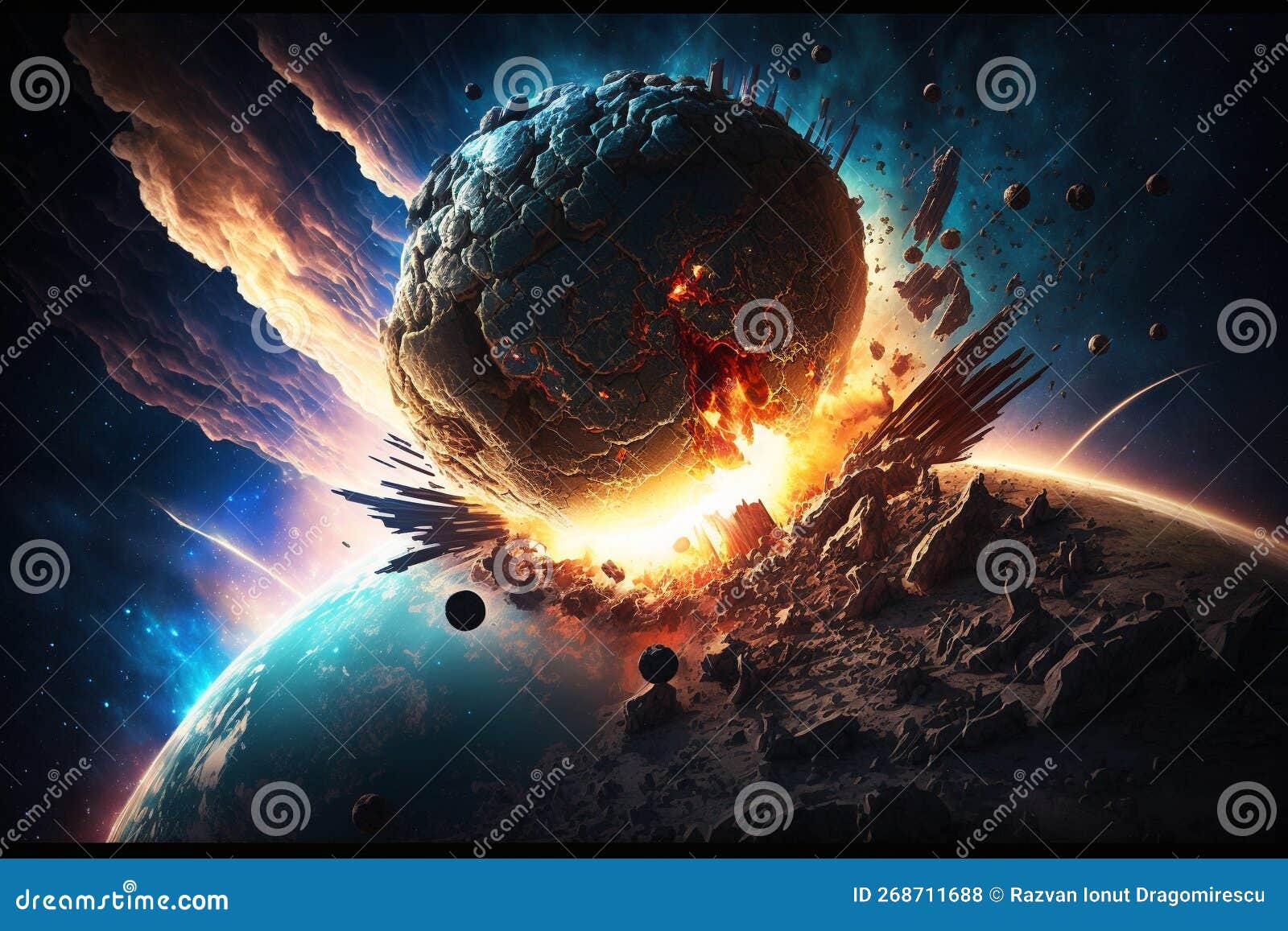 The Cosmic Cataclysm. Giant Asteroid Colliding with a Planet or Earth ...