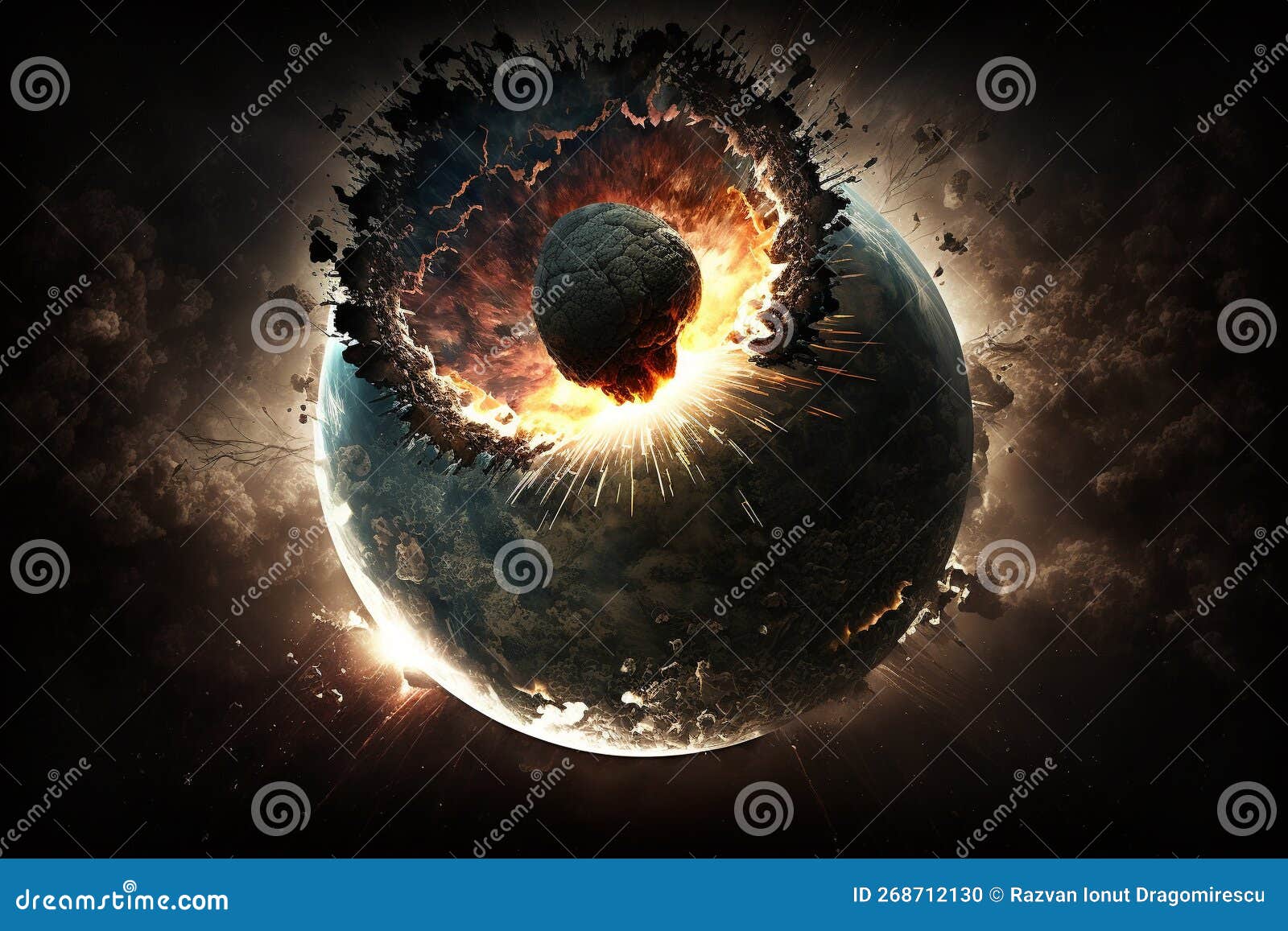 The Cosmic Cataclysm. Giant Asteroid Colliding With A Planet Or Earth ...