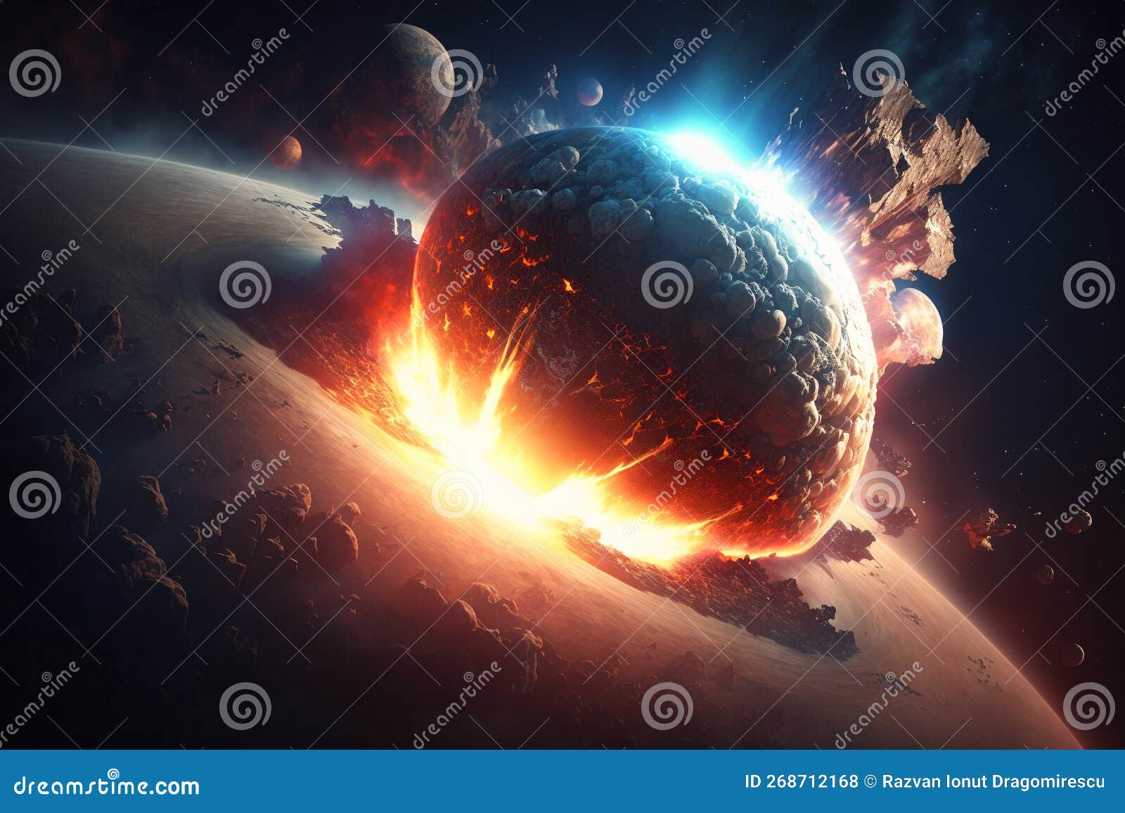 The Cosmic Cataclysm. Giant Asteroid Colliding With A Planet Or Earth ...