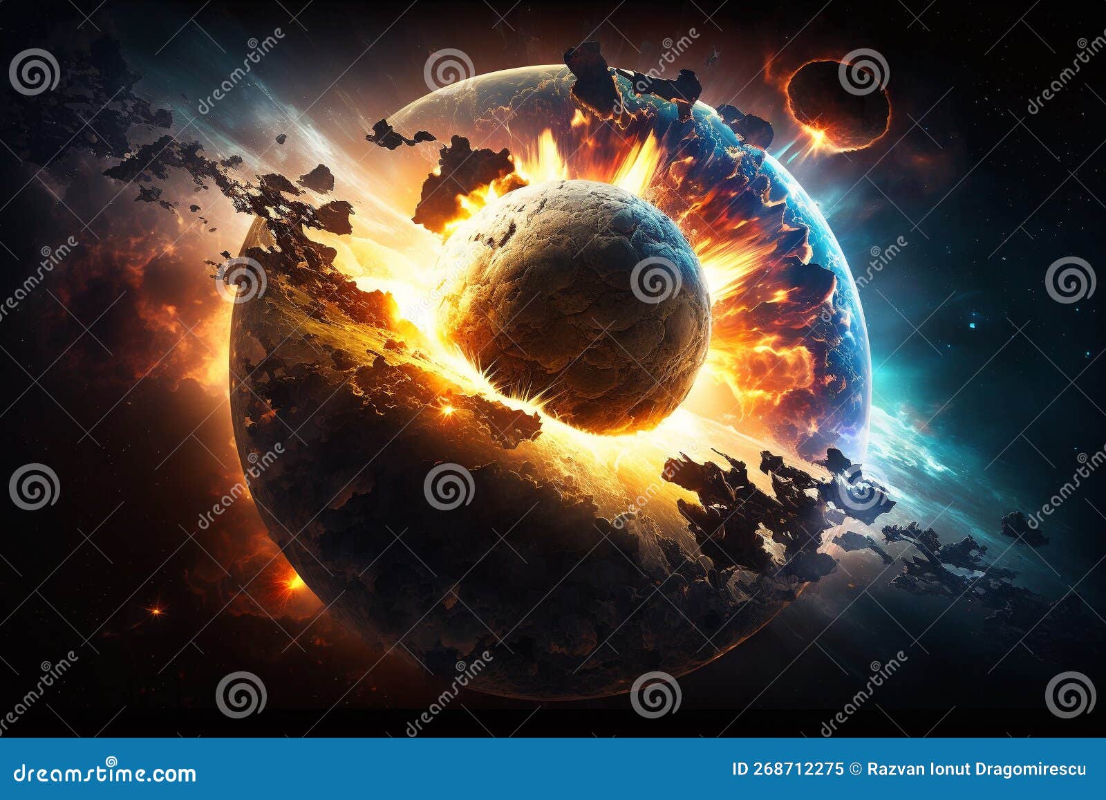 The Cosmic Cataclysm. Giant Asteroid Colliding With A Planet Or Earth ...
