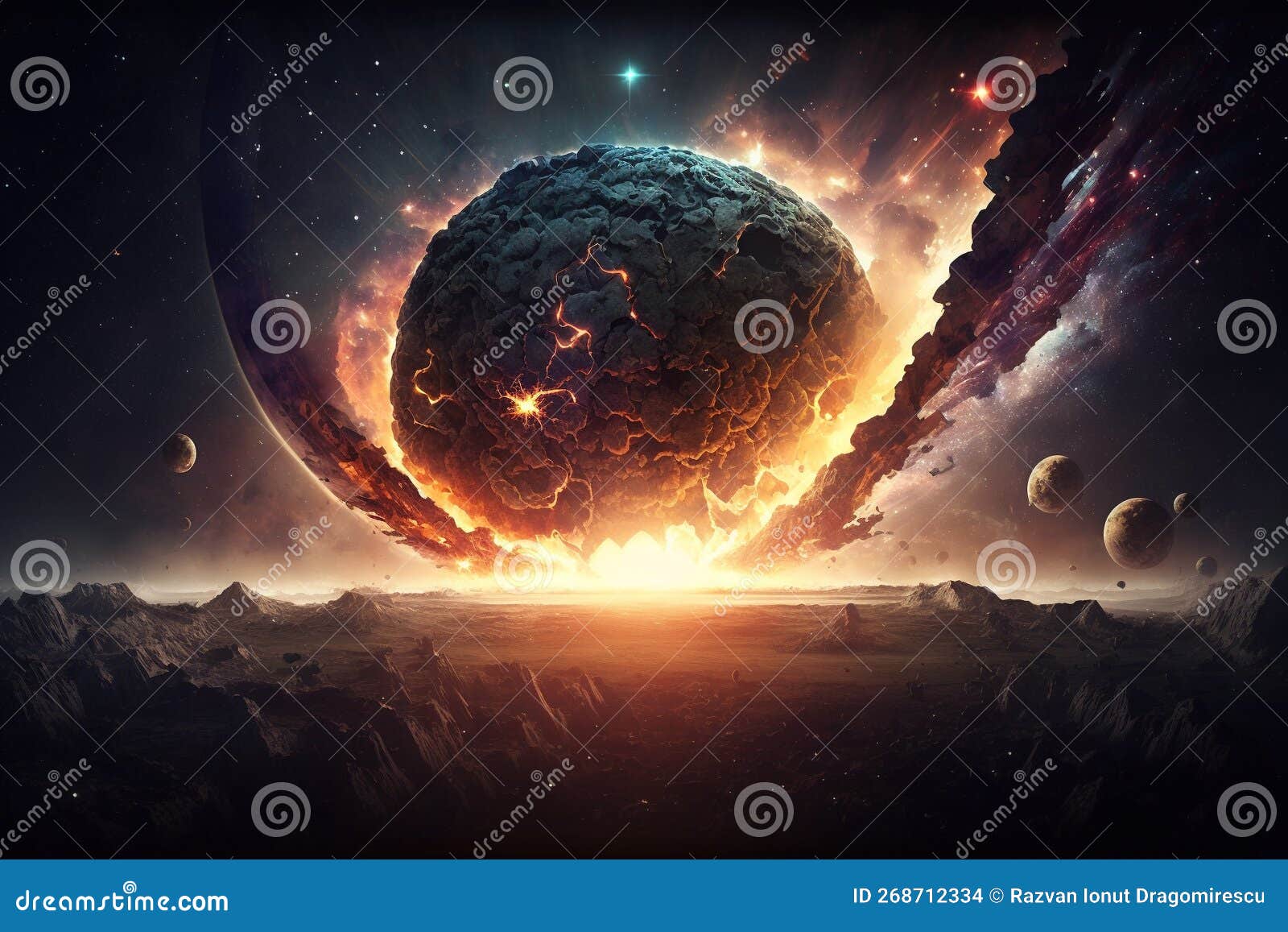 The Cosmic Cataclysm. Giant Asteroid Colliding With A Planet Or Earth ...
