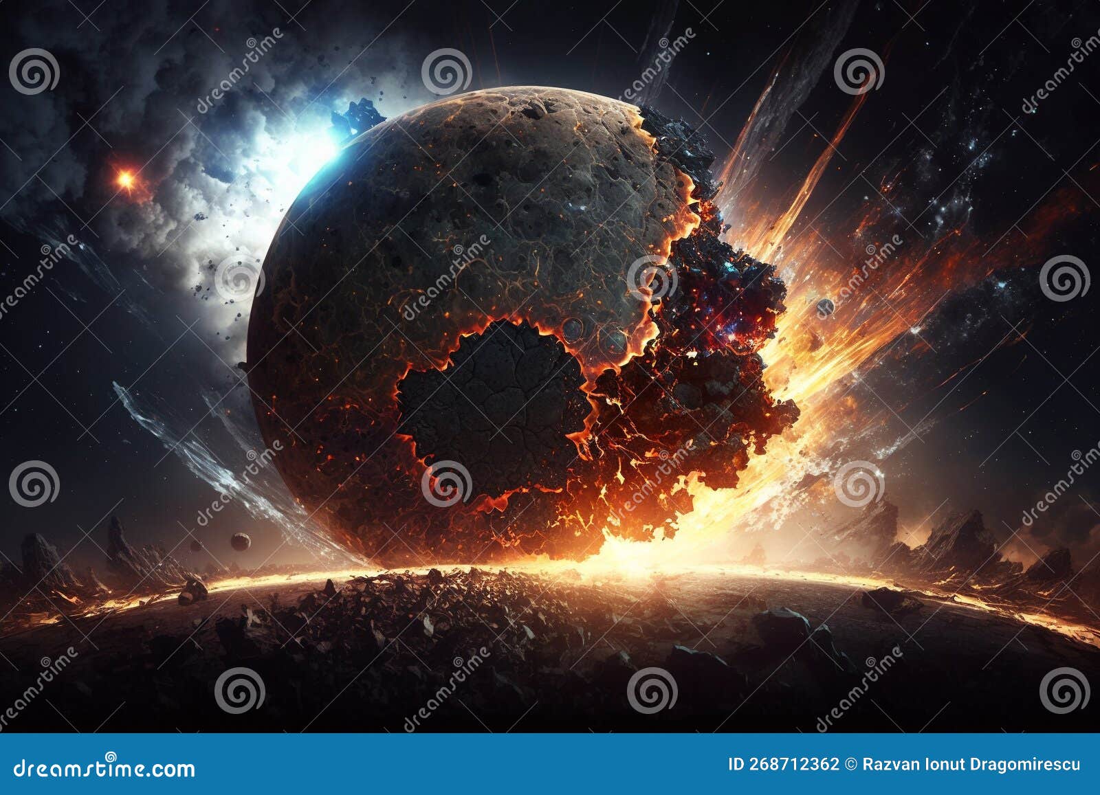The Cosmic Cataclysm. Giant Asteroid Colliding With A Planet Or Earth ...
