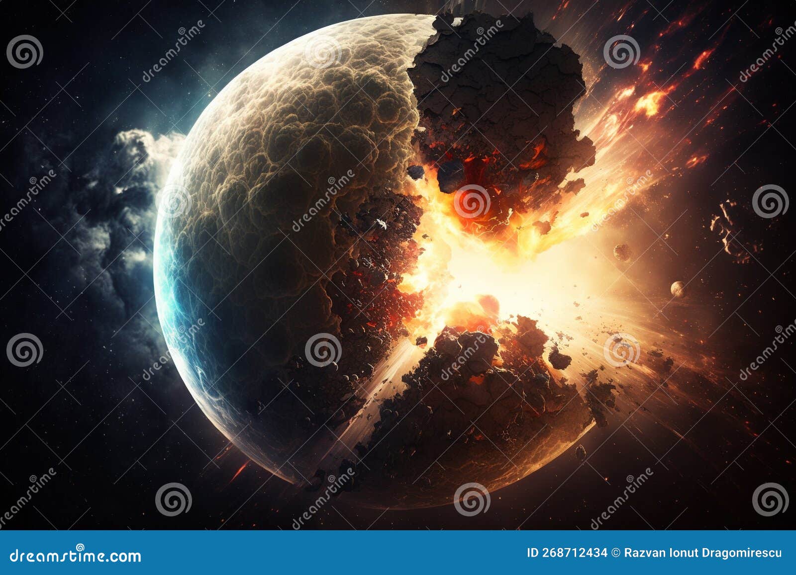The Cosmic Cataclysm. Giant Asteroid Colliding With A Planet Or Earth ...