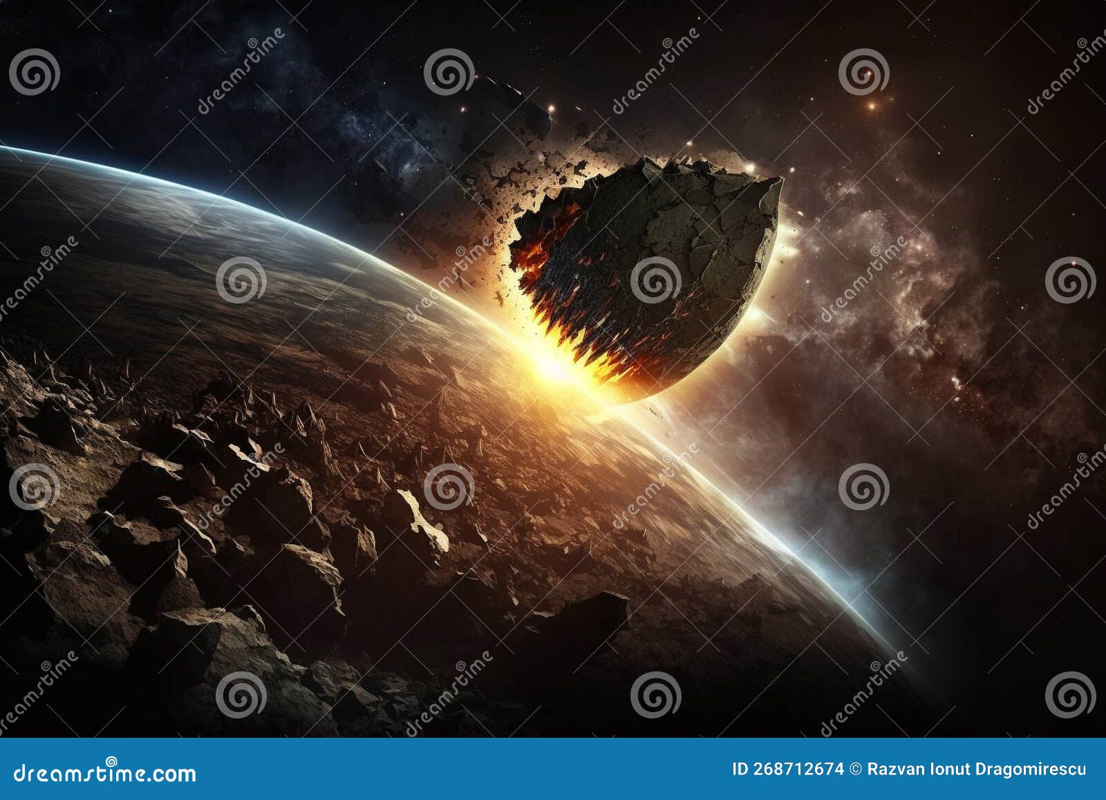 The Cosmic Cataclysm. Giant Asteroid Colliding With A Planet Or Earth ...