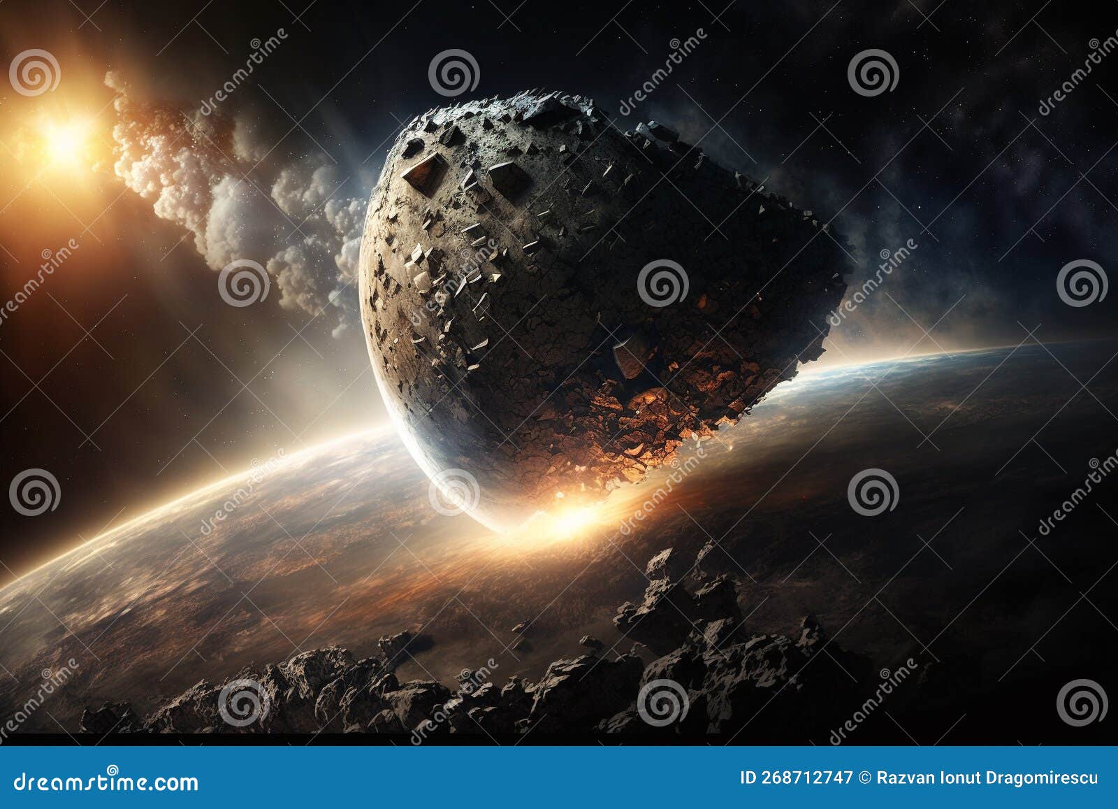 The Cosmic Cataclysm. Giant Asteroid Colliding With A Planet Or Earth ...