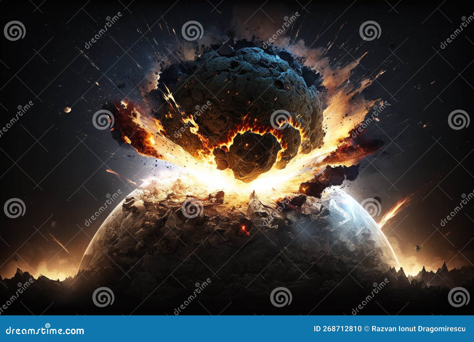 The Cosmic Cataclysm. Giant Asteroid Colliding With A Planet Or Earth ...