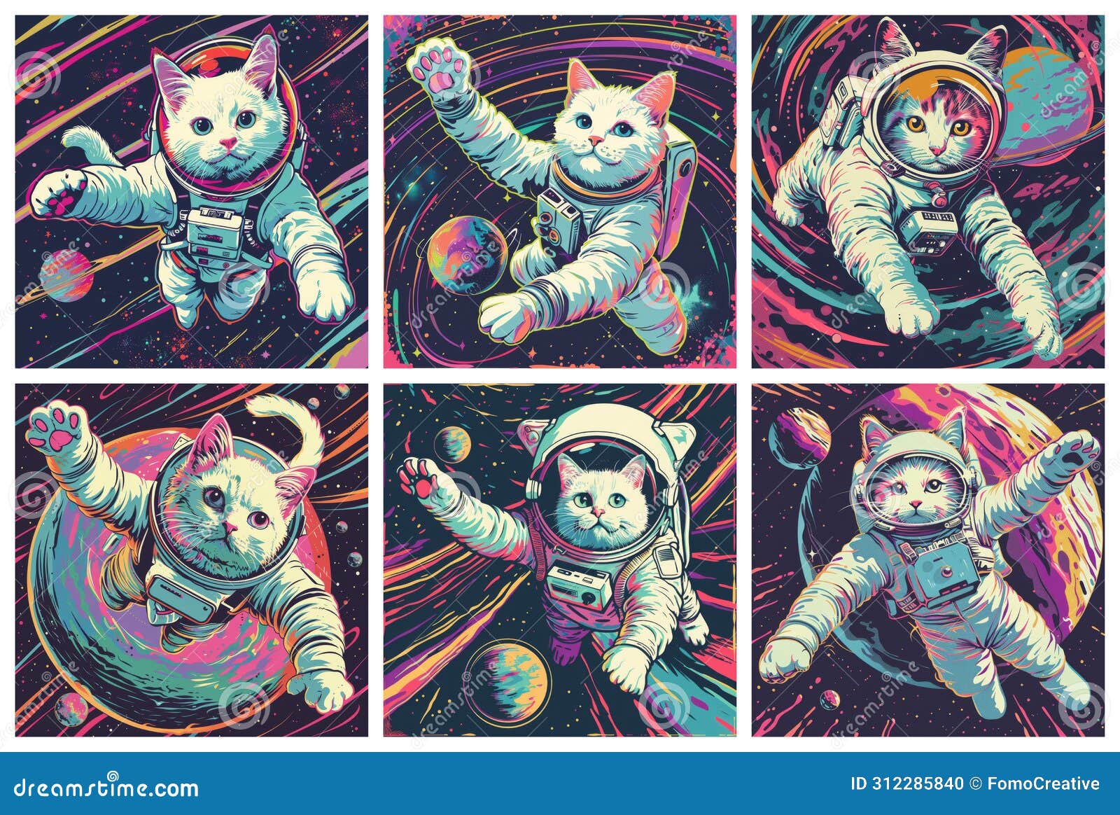 Cosmic Cats. Playful Space Felines In Spacesuits And Helmets Stock ...