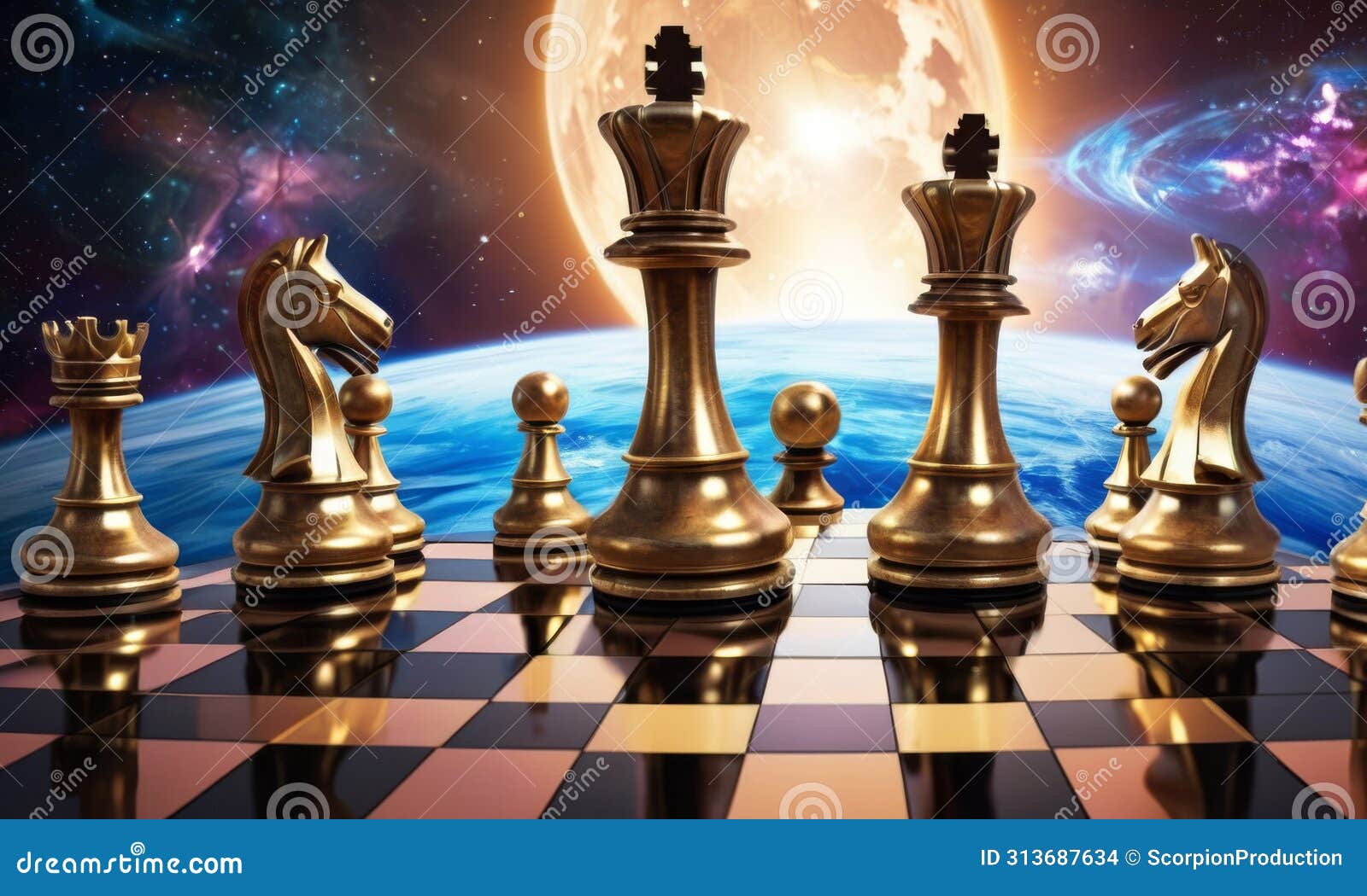 Cosmic Chessboard Showdown stock photo. Image of strategy - 313687634