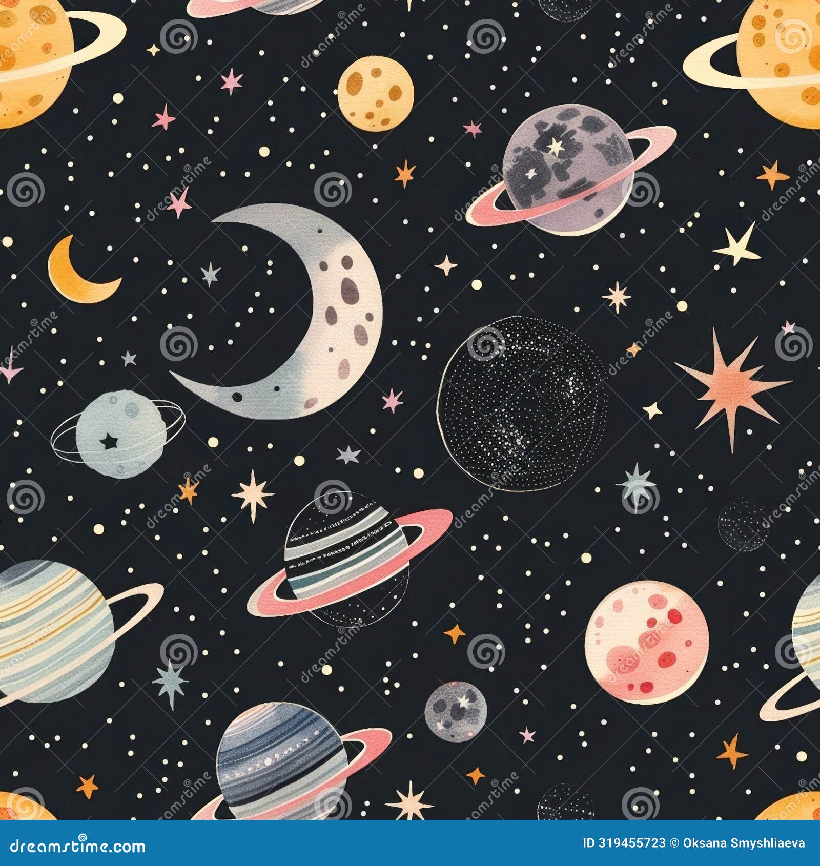 Cosmic Dreams: a Whimsical Seamless Pattern of Planets and Stars Stock ...