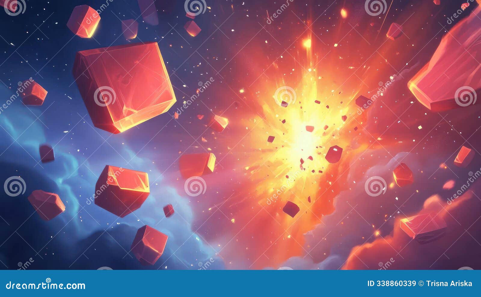 A Cosmic Explosion with Floating Crystals Amidst Vibrant Colors in a ...