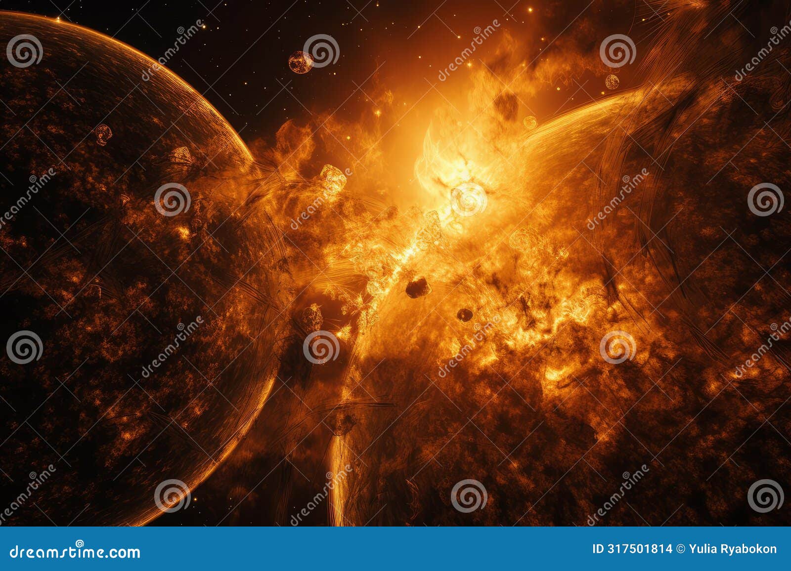Cosmic Inferno: Fiery Space Scene with Exploding Planets Stock ...