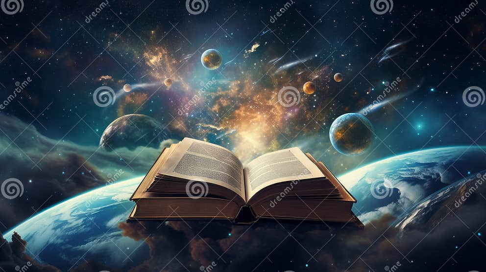 Cosmic Knowledge: Books Amidst Earth and Celestial Marvels Stock ...
