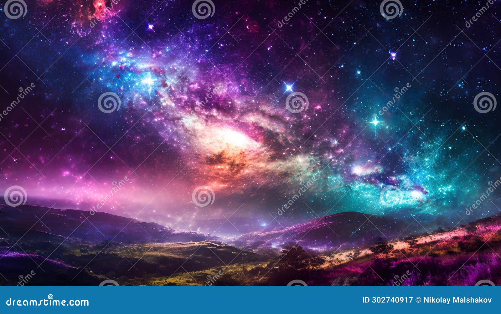 Cosmic Landscape with Galaxies and Magical Cosmic Light. Stock Image ...