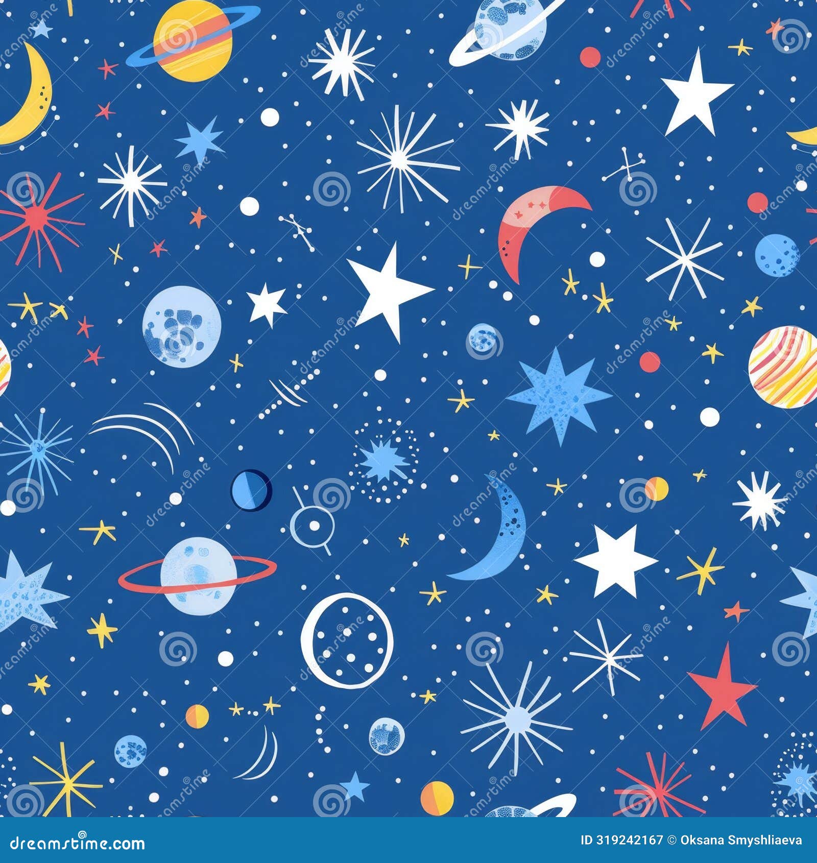 Cosmic Pattern with Planets and Stars on a Blue Background Stock Image ...