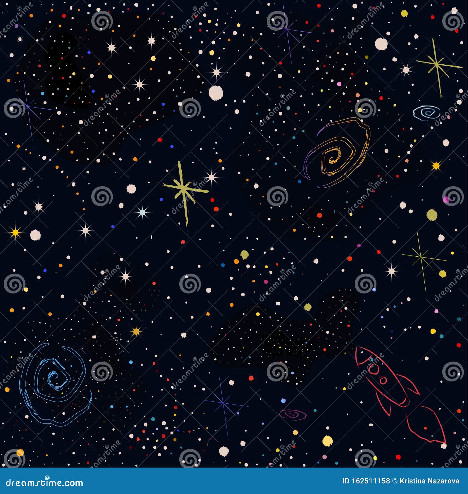 Cosmic Pattern with Stars, Planets, Moon, Rocket, Spiral Galaxies and ...