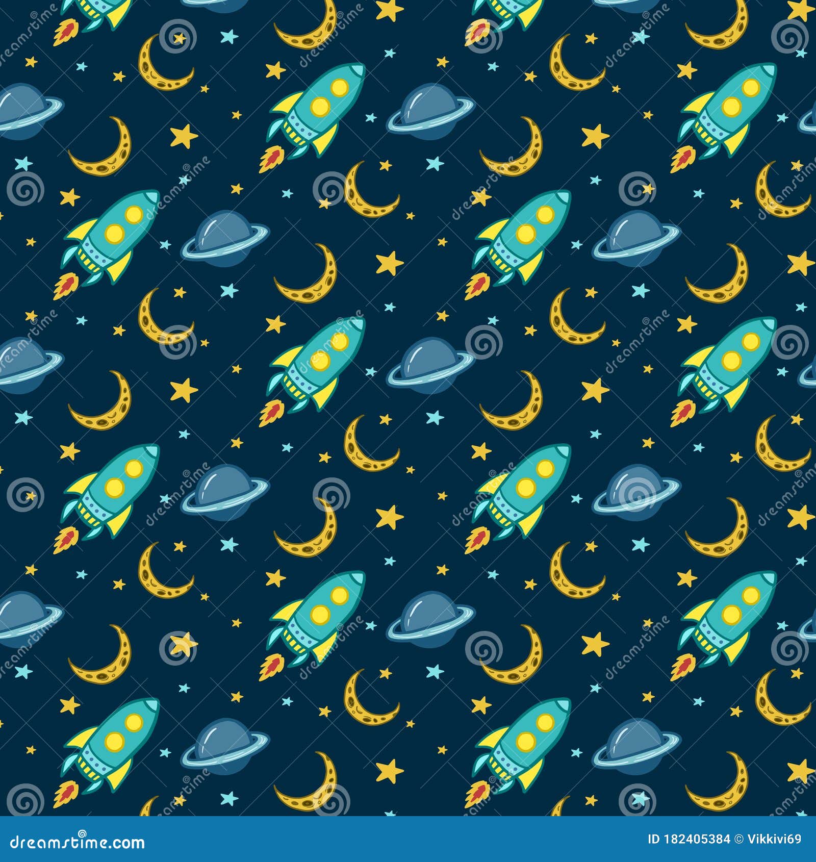 Cosmic Pattern. Vector Color Ornament with Space. Pattern with Rockets ...