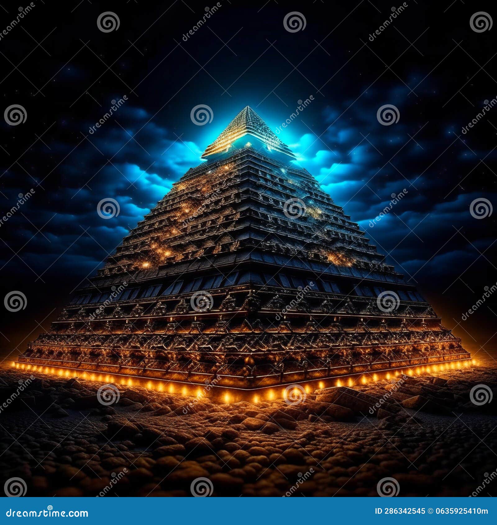 The Cosmic Patterned Pyramid Glows Blue. Stock Illustration ...