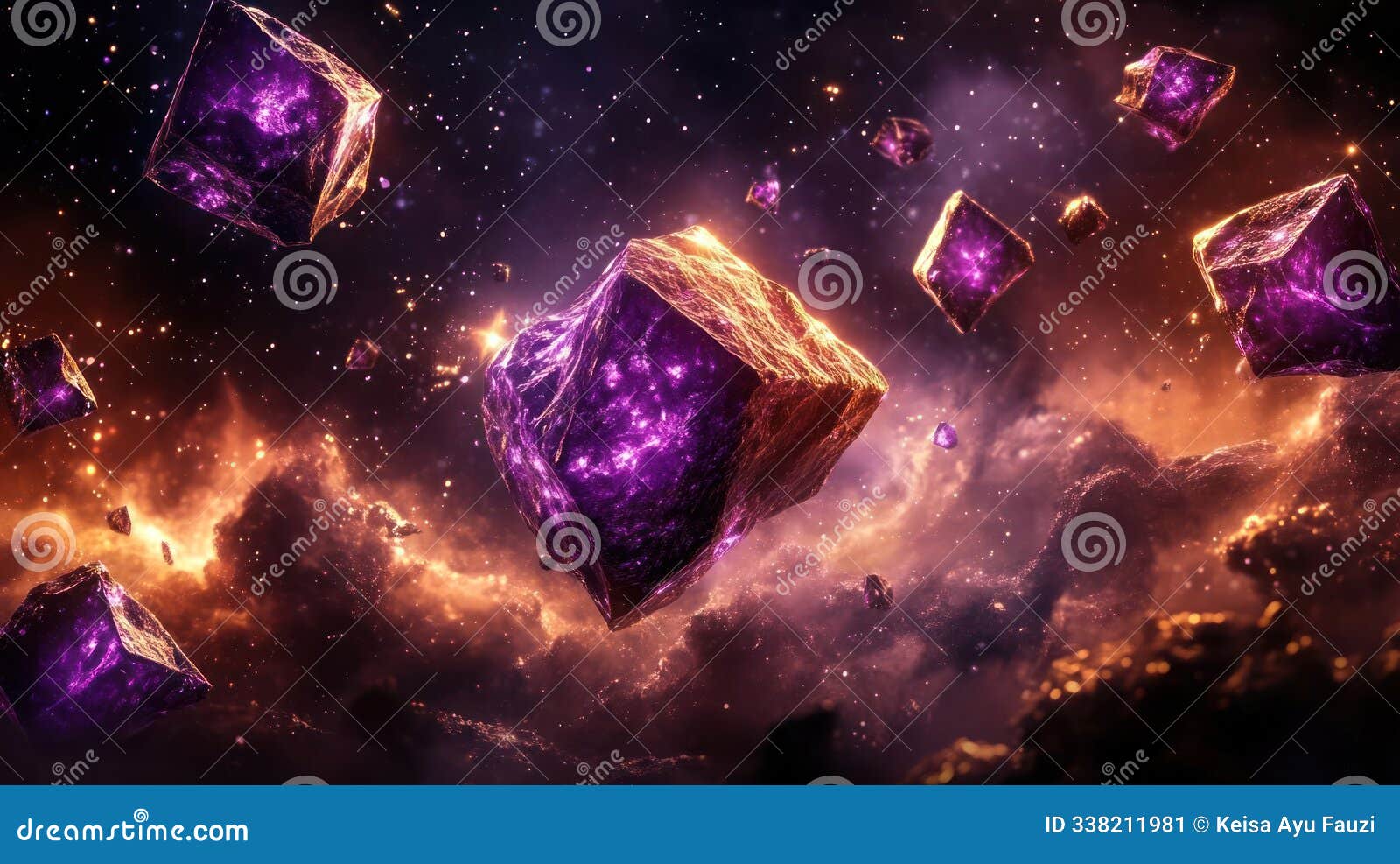 A Cosmic Scene Featuring Floating Purple Crystals Amidst a Starry ...