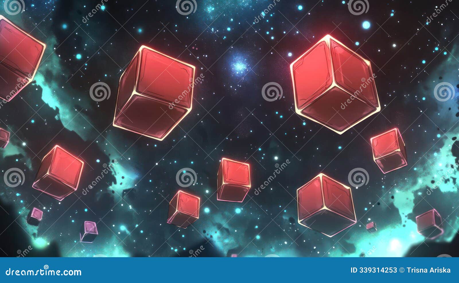 A Cosmic Scene Featuring Floating Red Cubes Amidst a Starry Background ...