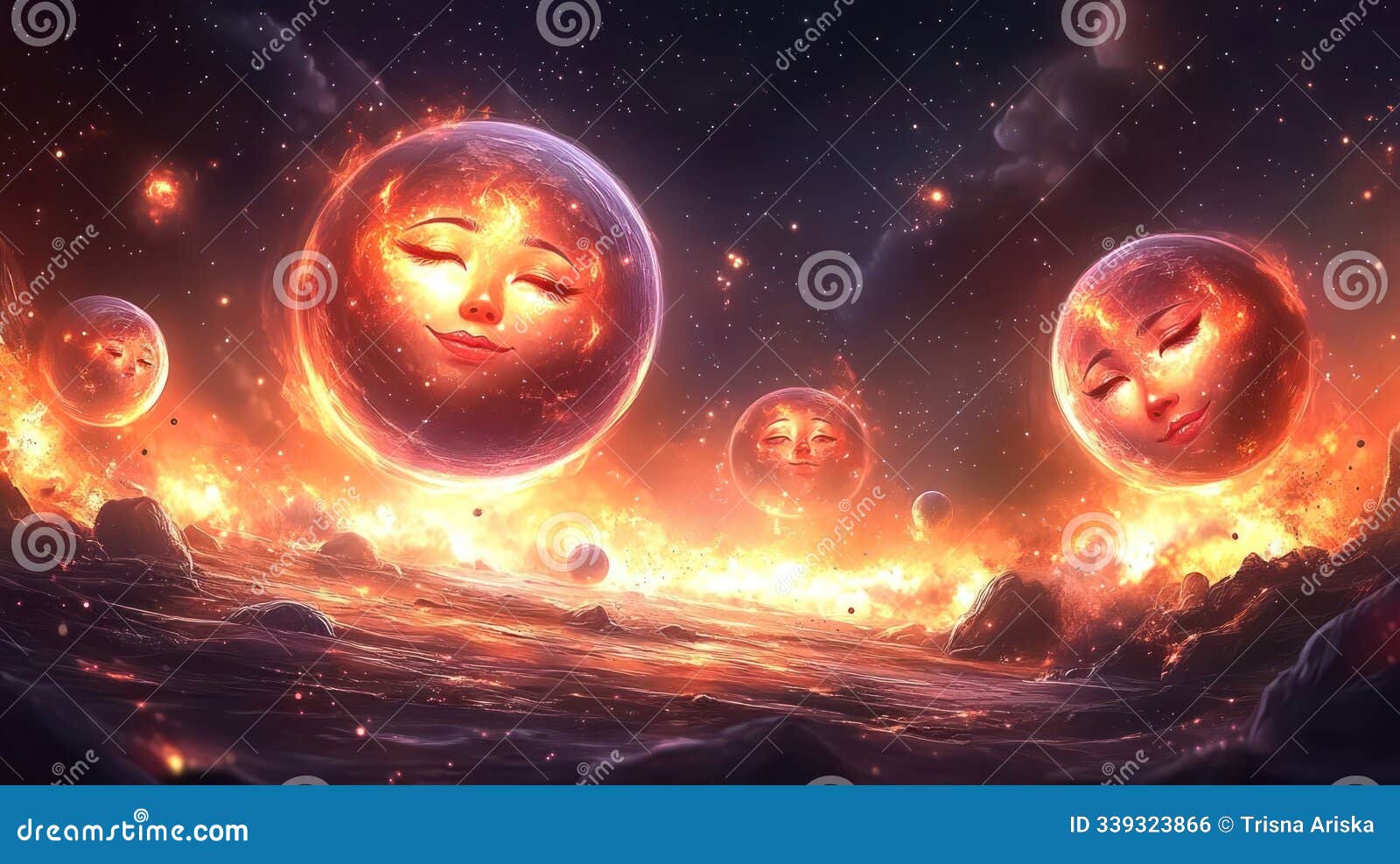 A Cosmic Scene Featuring Glowing Celestial Bodies with Serene Faces ...