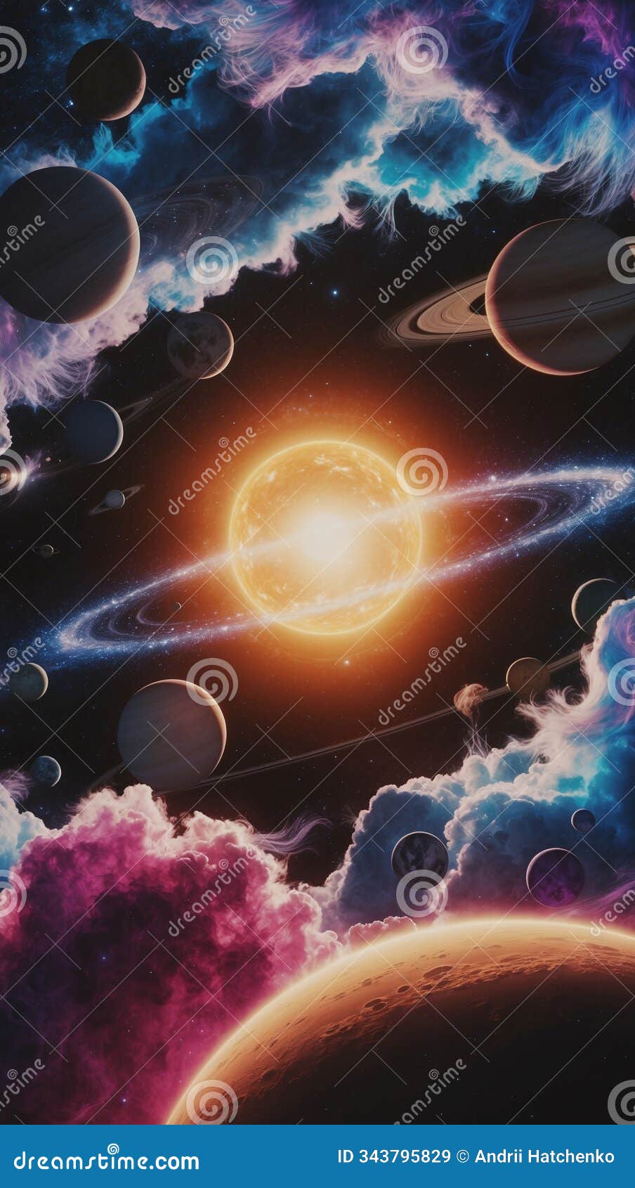 Cosmic Scene of Planets and Moons Orbiting Distant Star with Glowing ...