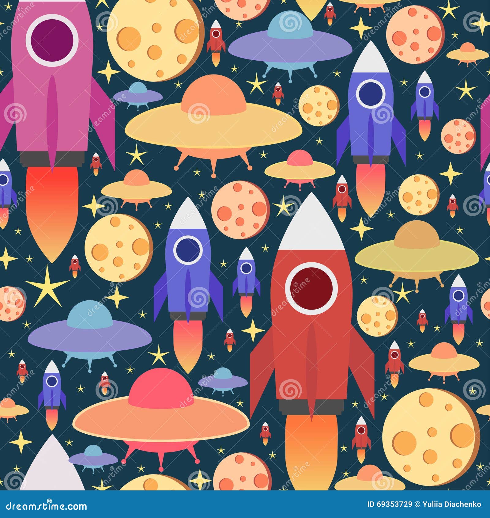 Cosmic Seamless Pattern.Colorful Vector Print with Moon,missile and ...