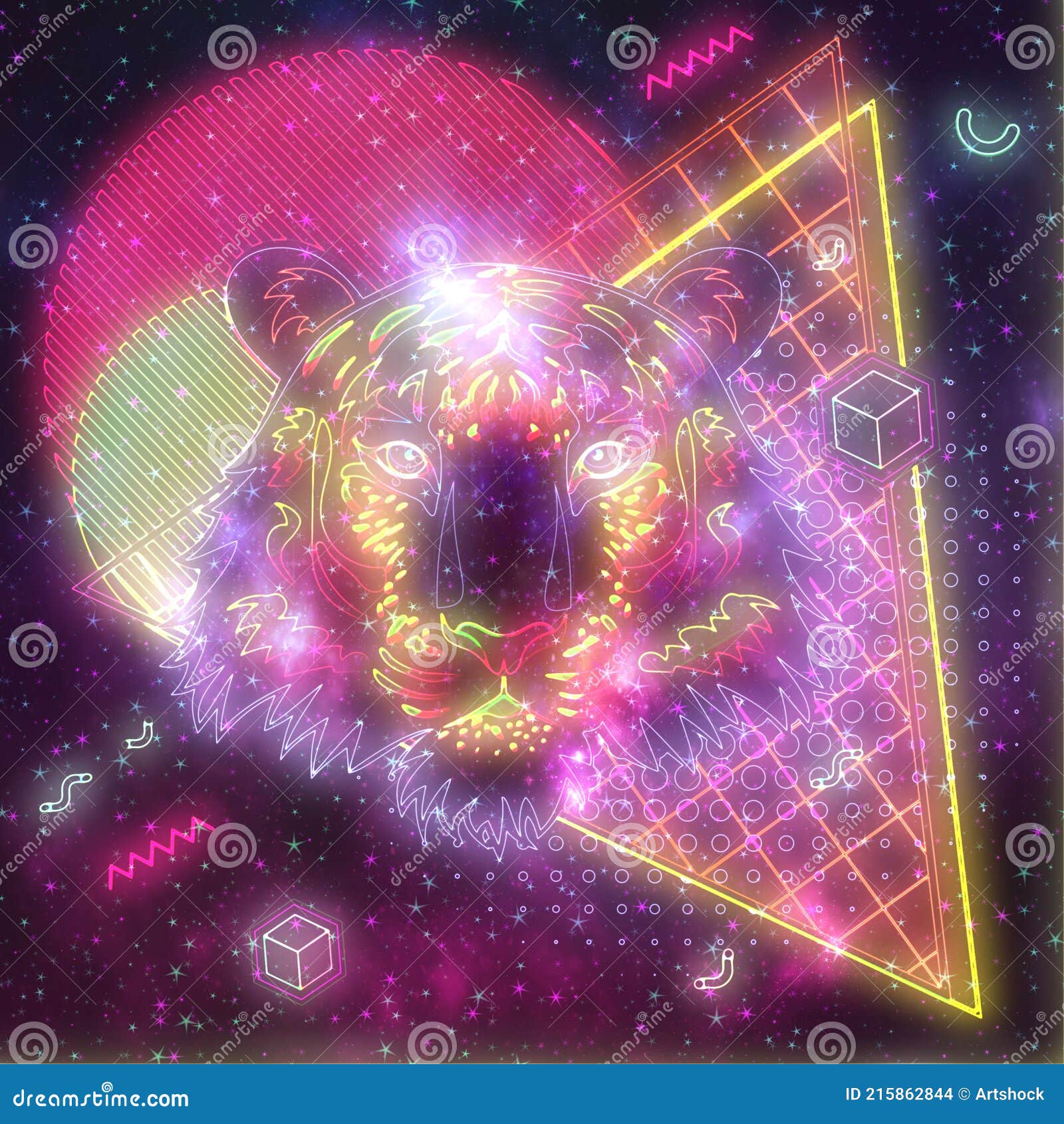 Cosmic Tiger Retro 80s Style Stock Illustration - Illustration of stars ...
