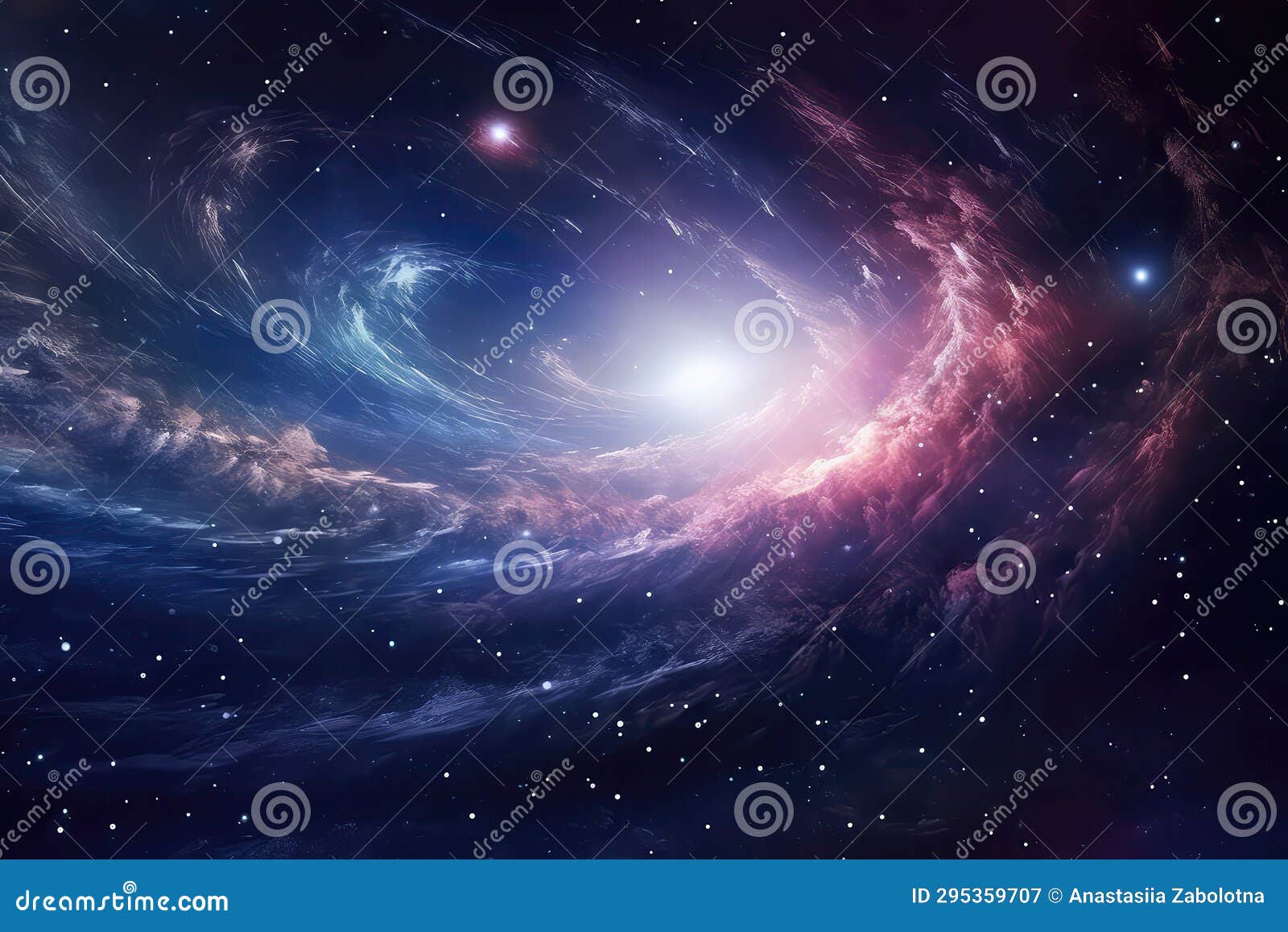 Cosmic Voyage Scene with Swirling Galaxy and Distant Planet Stock ...