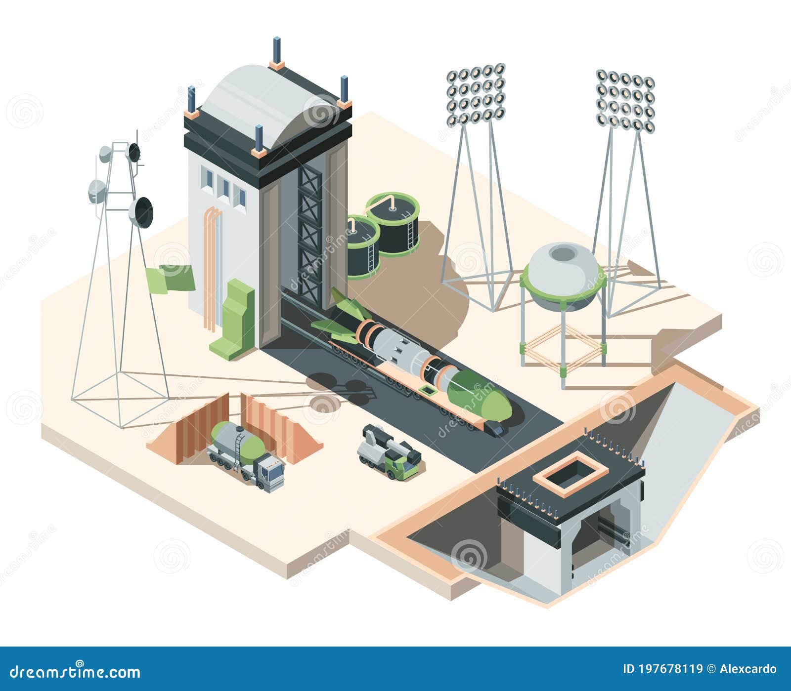 Cosmodrome Isometric Illustration. Cargo Rocket On Platform Exploratory ...