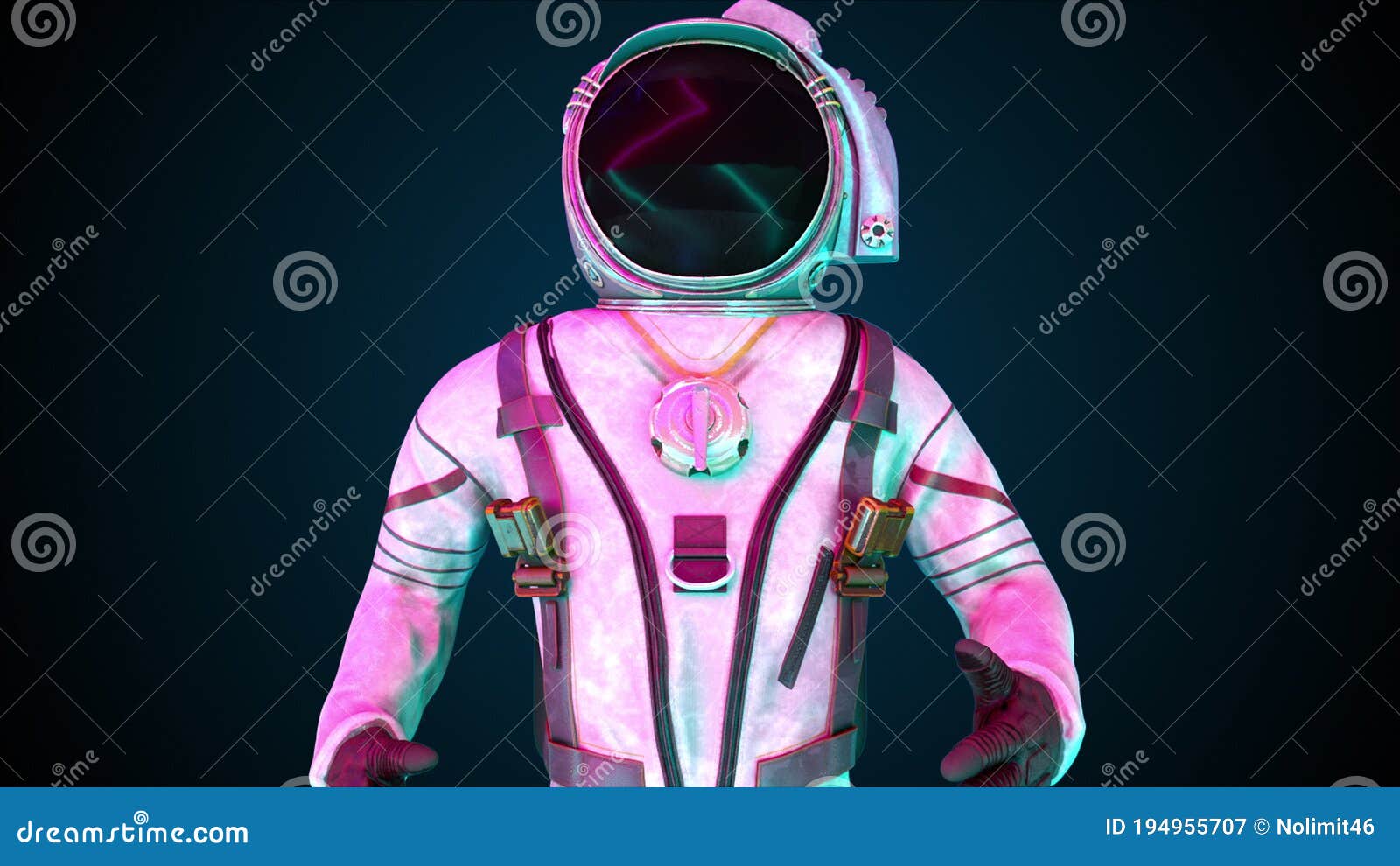 An Astronaut in a Metal Protective Suit in the Light of Neon Lights ...