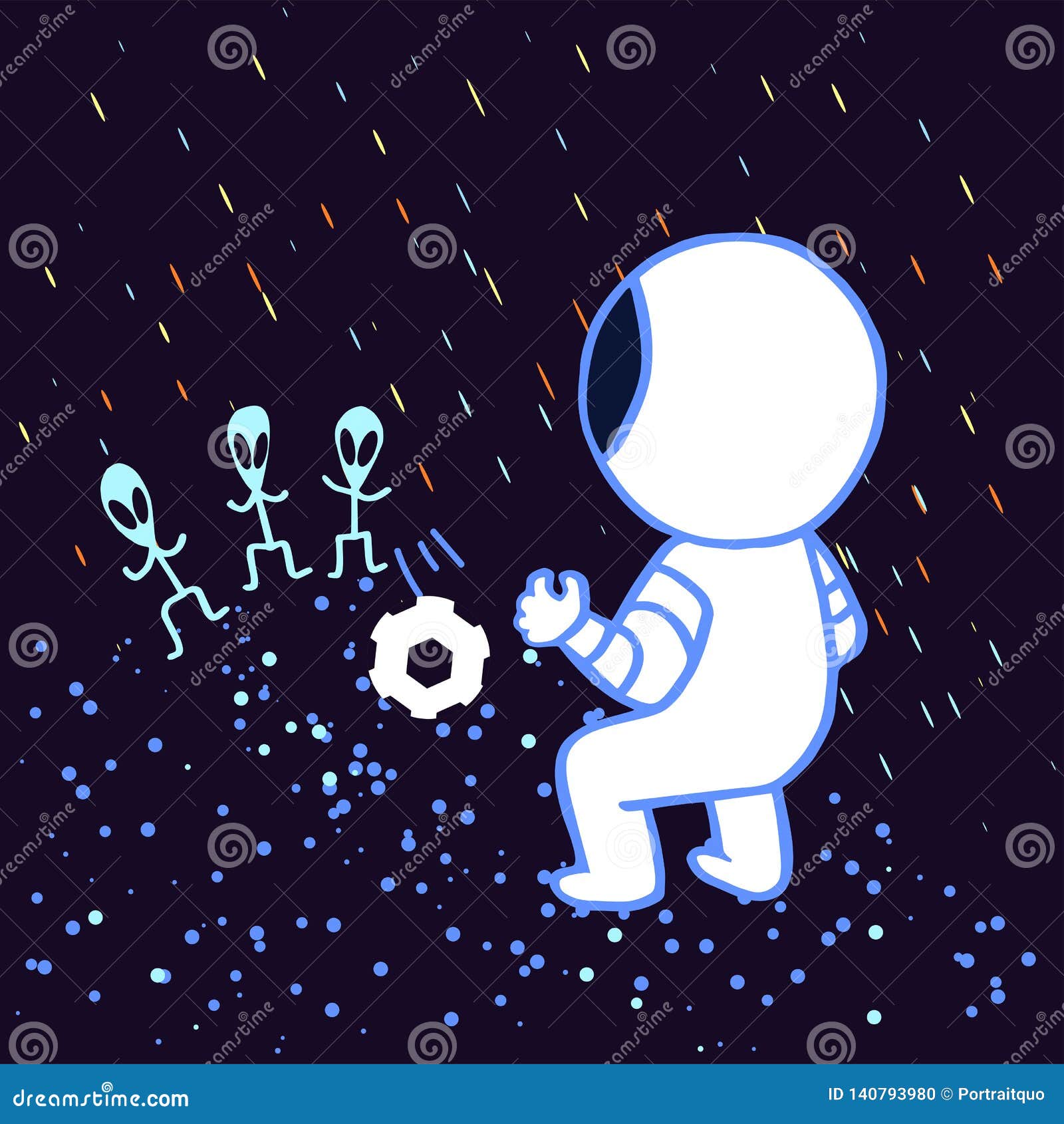 Cosmonaut Plays Football with Aliens Stock Illustration - Illustration ...