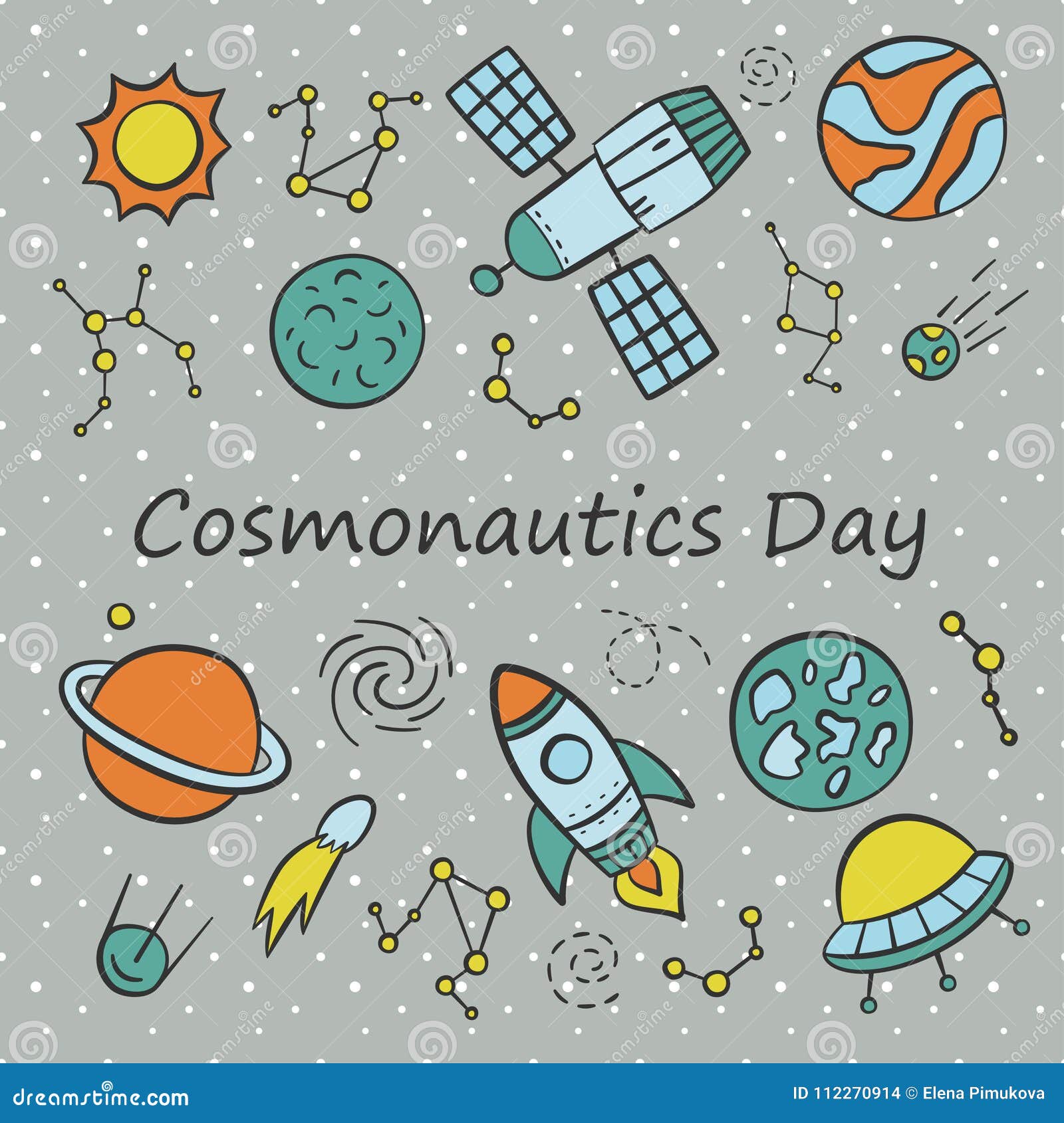 Cosmonautics Day. Card. Set of Elements in Doodle and Cartoon Style ...