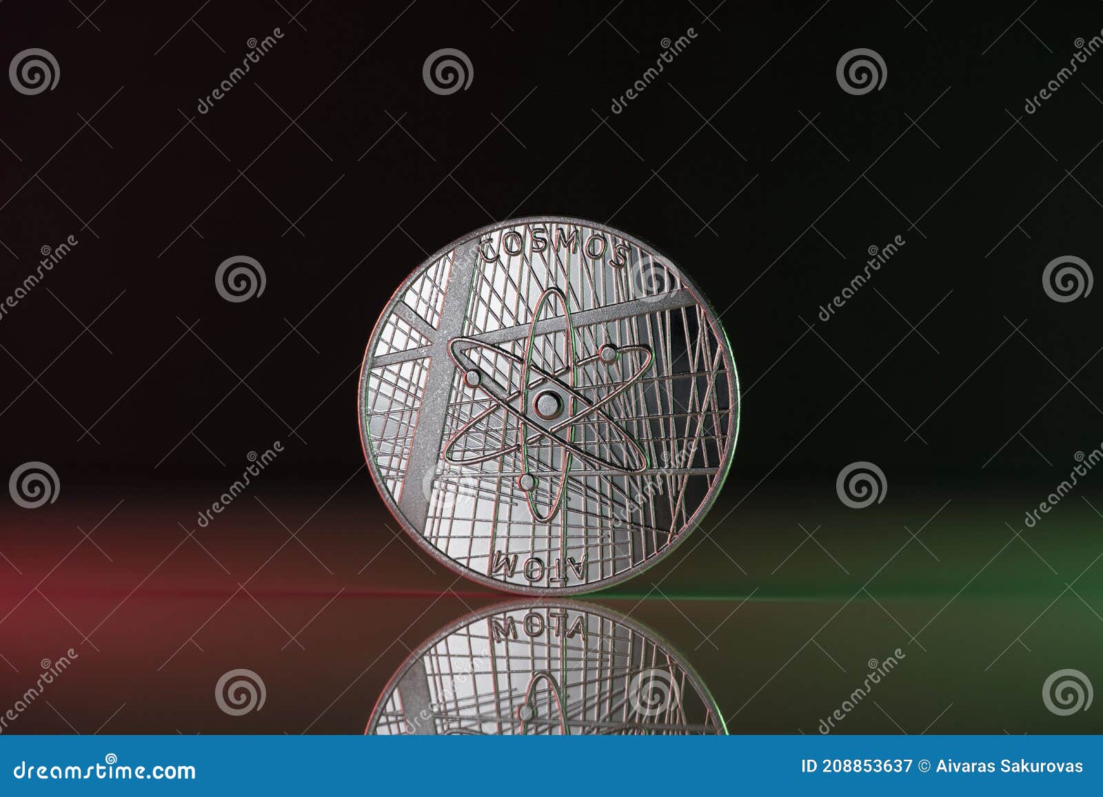 Cosmos ATOM Crypto Coin Placed on Reflective Surface and Lit with the ...