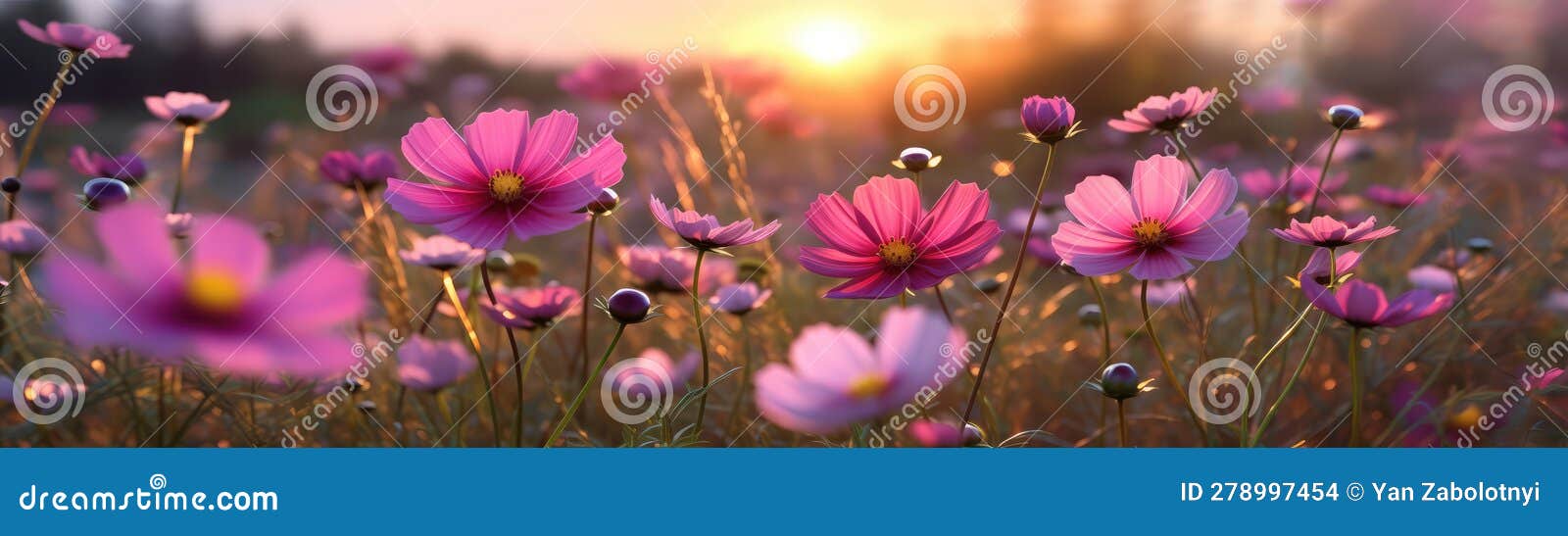 Cosmos Field on Blurred Sunrise Background. Banner for Web. Generative ...
