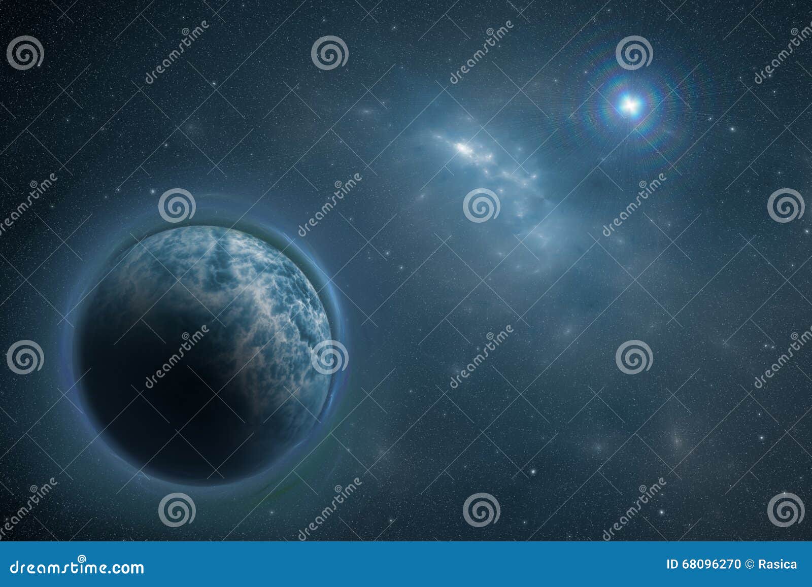 Cosmos Scene with Blue Planet, Nebula and Stars in Space Stock ...