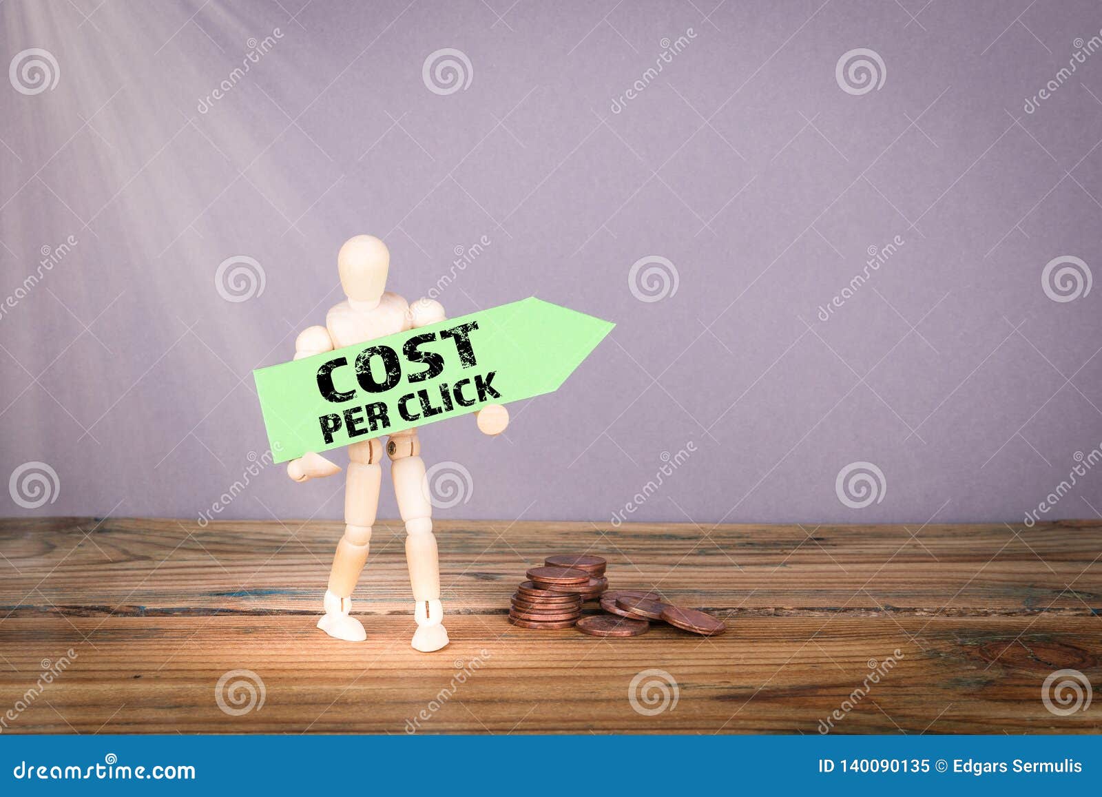 Cost Per Click. Wooden Man with Green an Arrow Stock Image - Image of ...