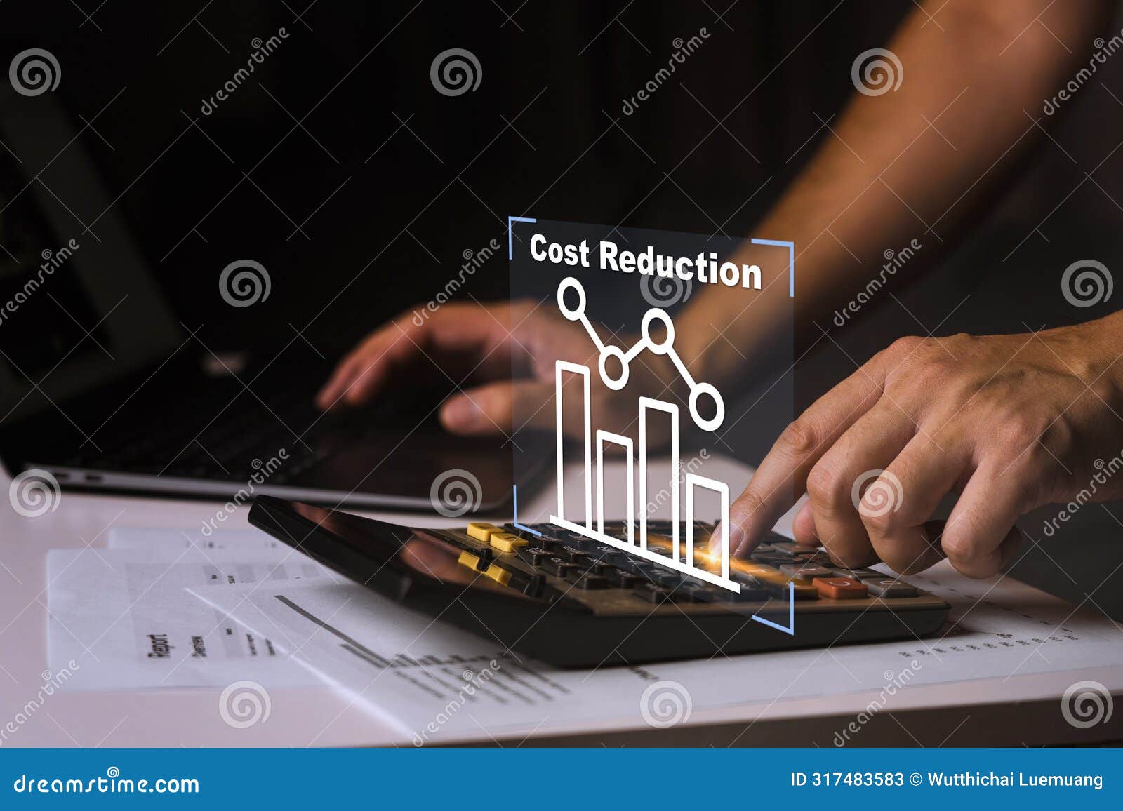 Cost Reduction Concept, Businessman is Using Cost Calculator with ...