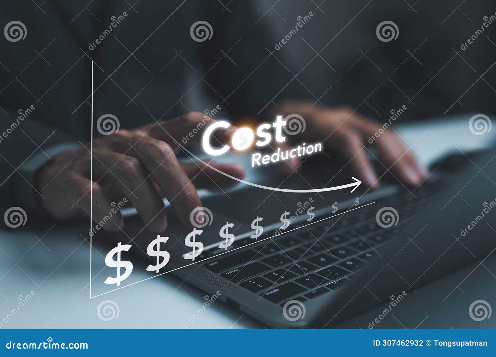 Cost Reduction Concept. Businessman Working on Company Cost Saving. Cost Wording on Decrease ...