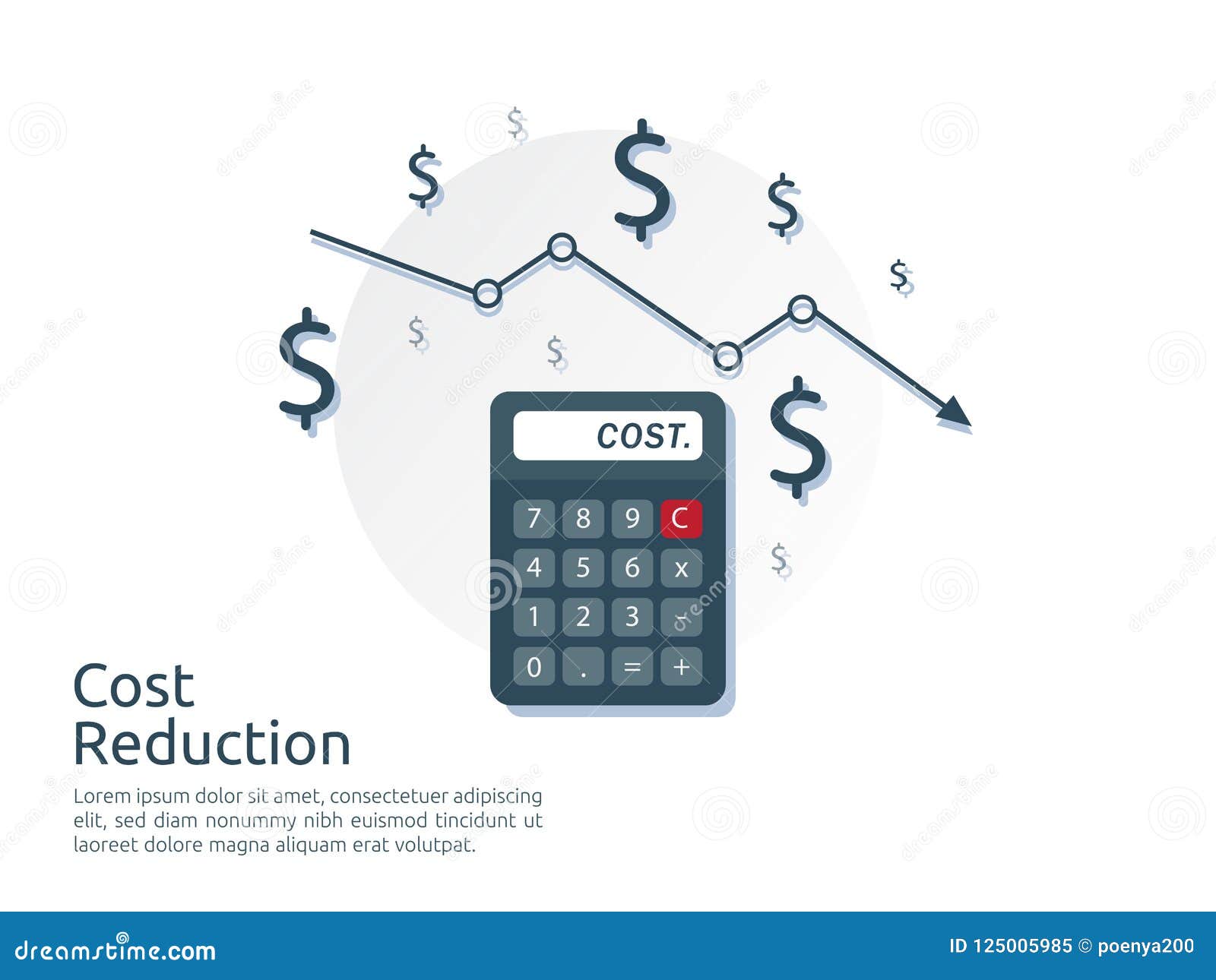 Cost Reduction Concept. Calculator and Arrow Line Decrease. Dollar Money Fall Down Symbol ...